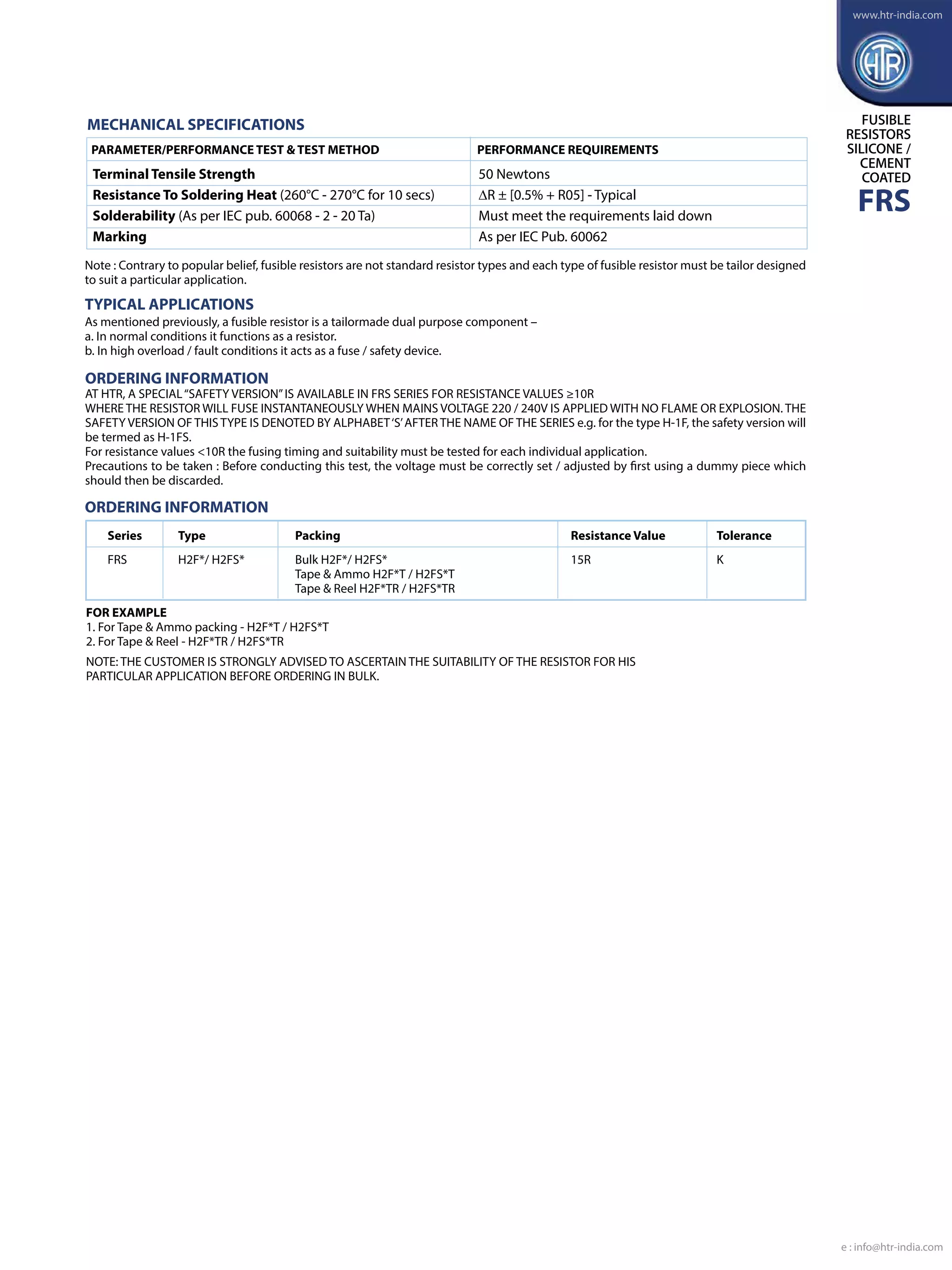 FRS - FUSIBLE RESISTORS SILICONE / CEMENT COATED | PDF