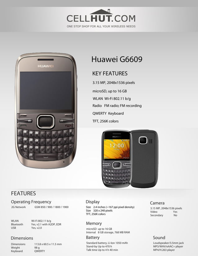 Huawei g6609-unlocked-quadband-qwerty-gsm-cell-phone brochure-32875 | PDF