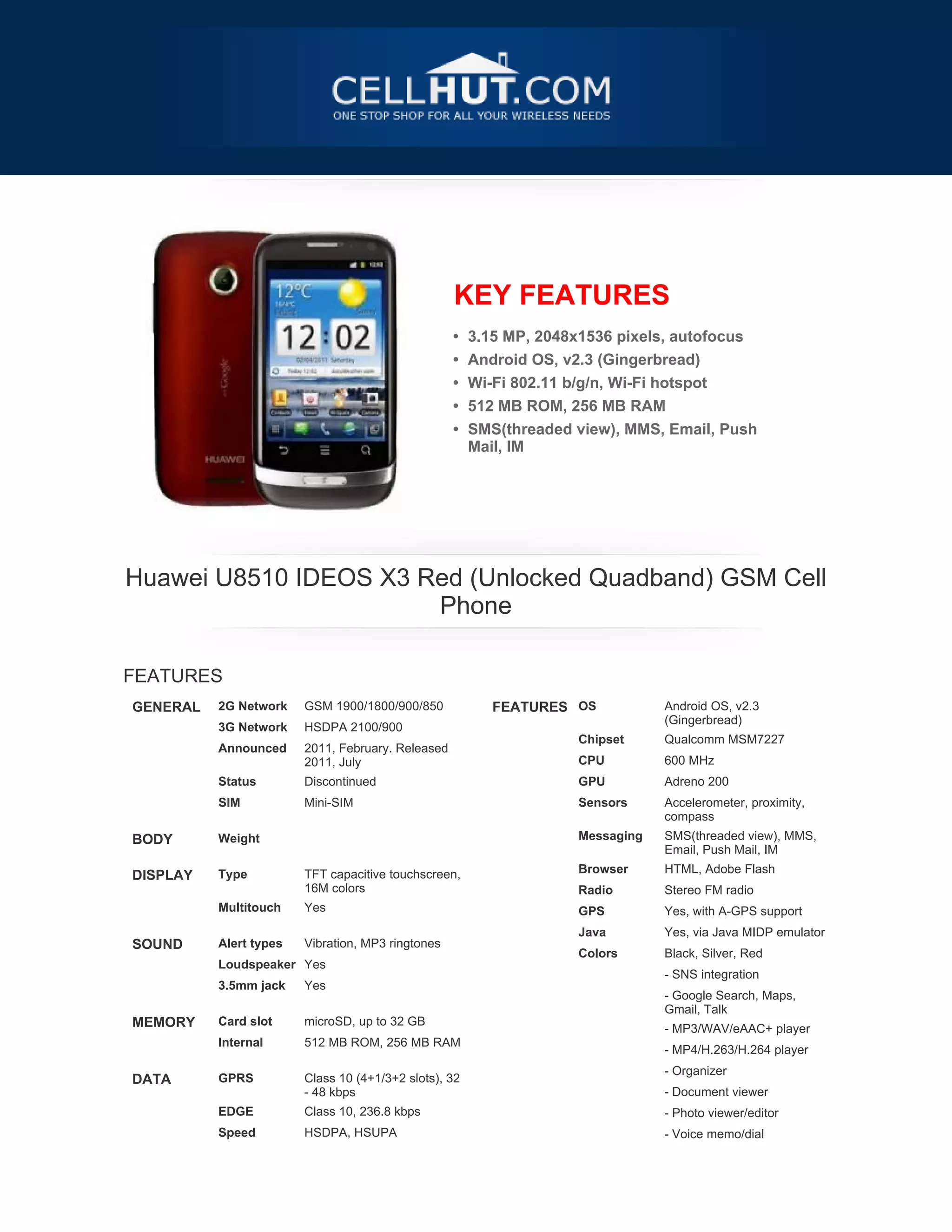 Huawei u8510-ideos-x3-red-unlocked-quadband-gsm-cell-phone brochure-33697 | PDF