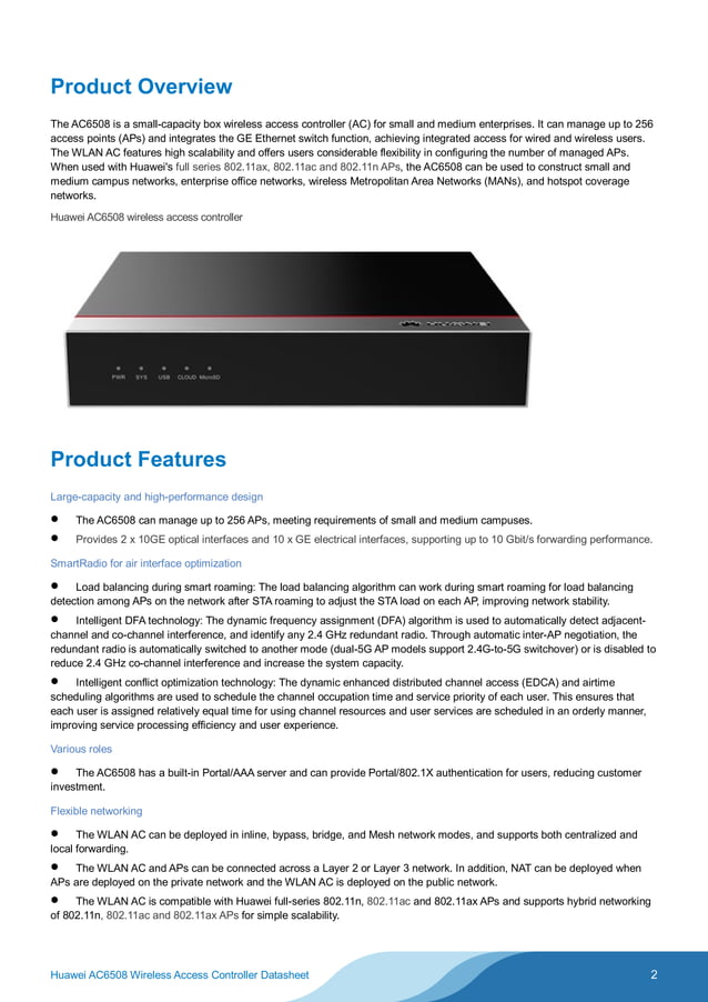Huawei AC6508 Wireless Access Controller Datasheet.pdf | Computer ...