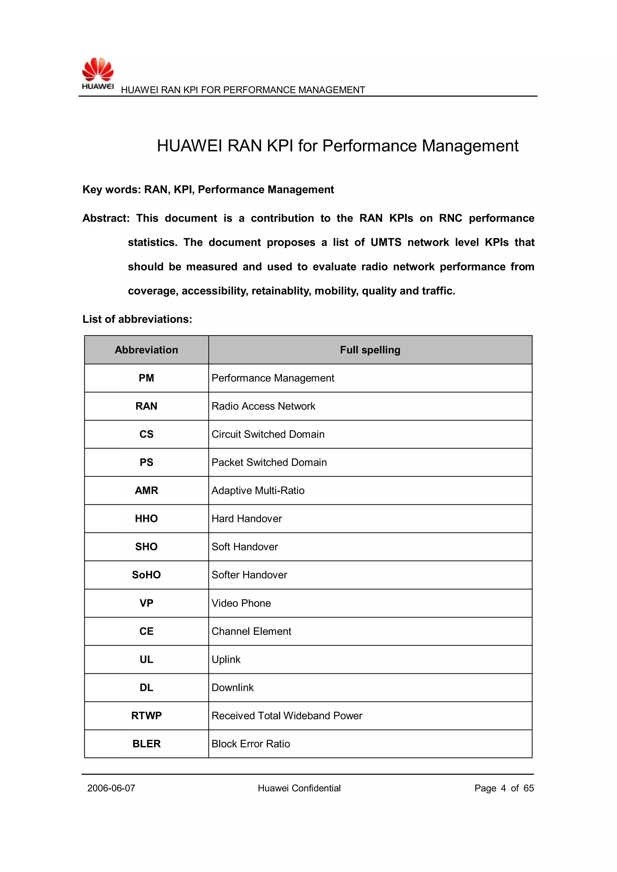 Huawei ran kpi_for_performance_managemen | PDF