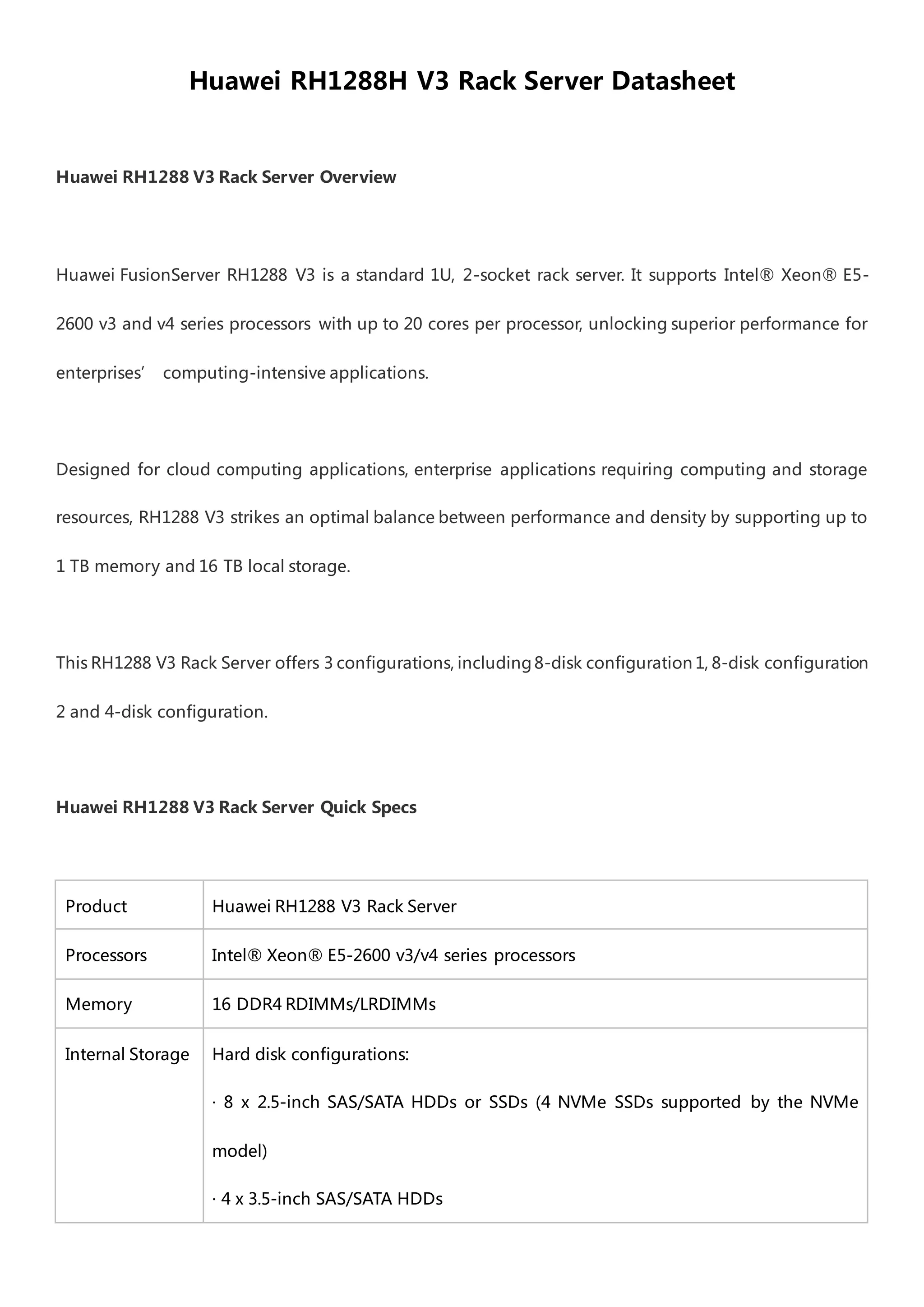 Huawei rh1288 h v3 rack server datasheet | DOCX