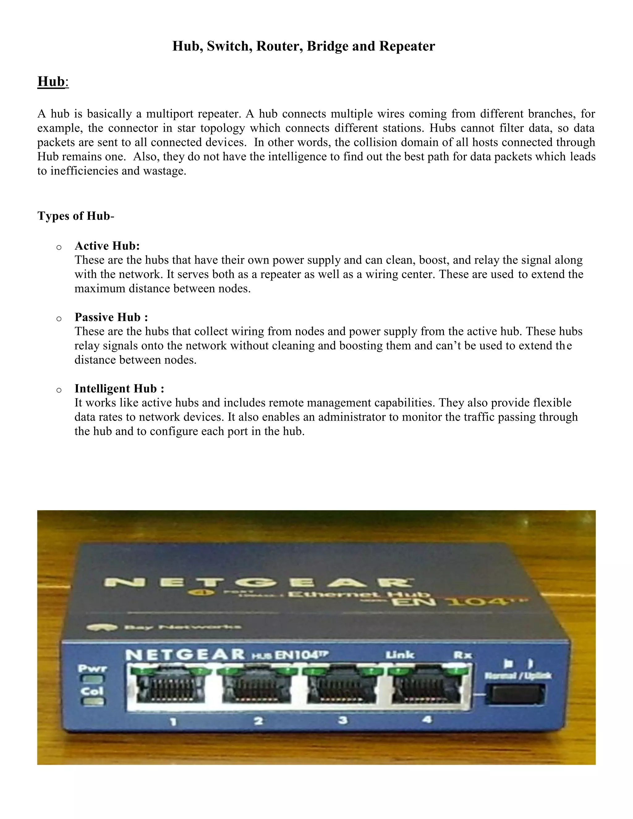 Hub, switch, router, bridge & and repeater | PDF