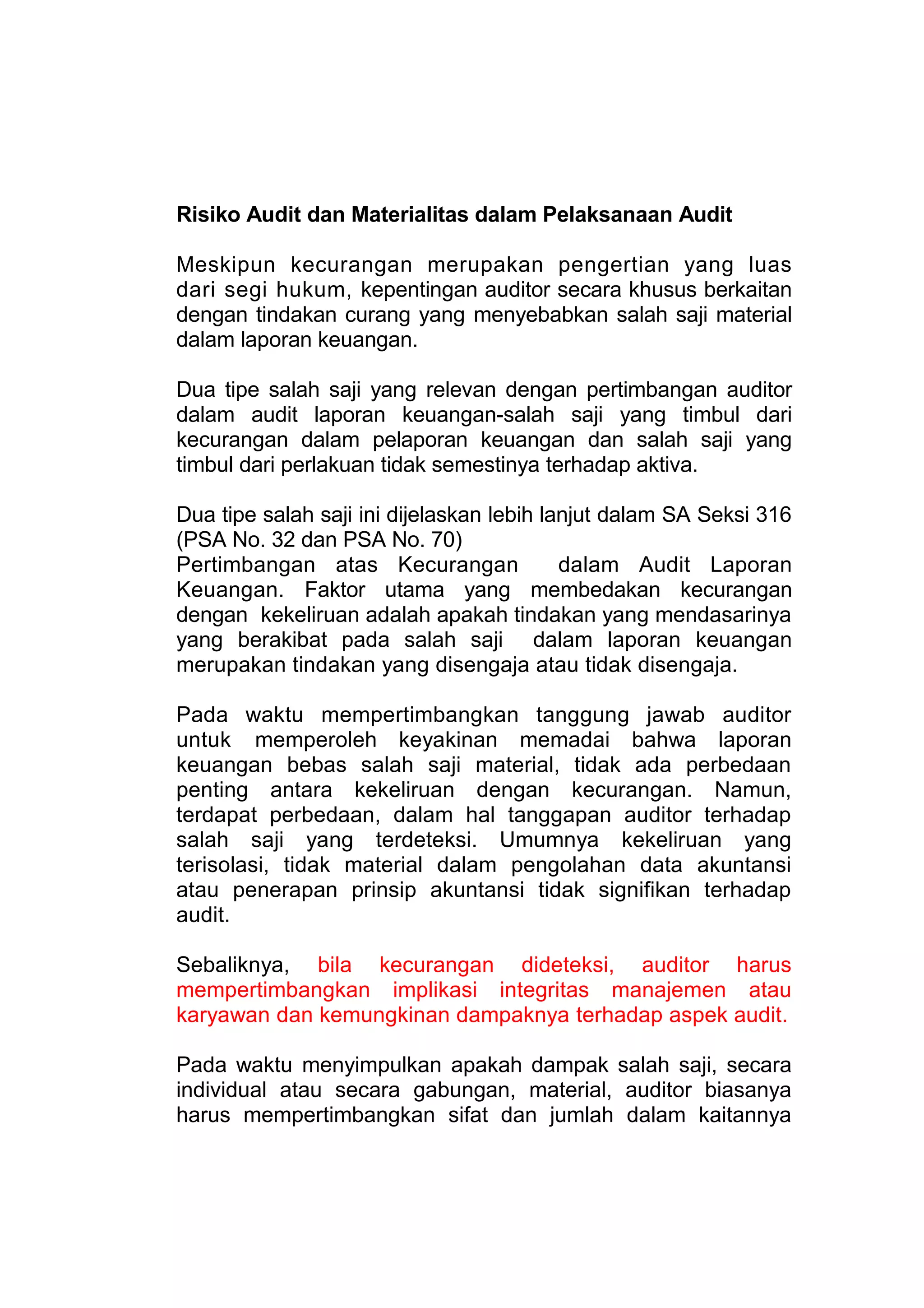 Hubungan antara materialitas, risiko audit dan bukti audit | DOC