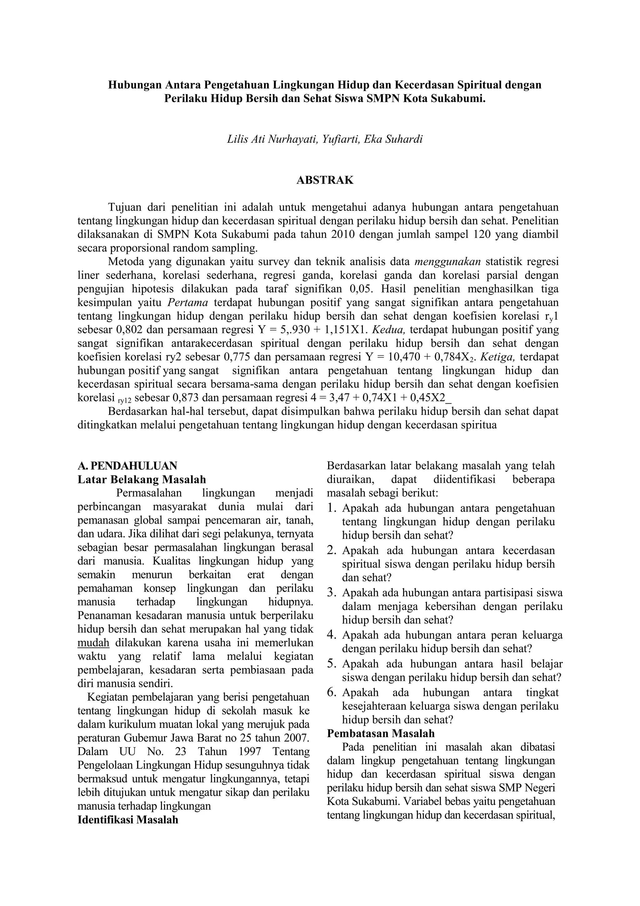 Hubungan antara pengetahuan lingkungan hidup dengan pendidikan ...