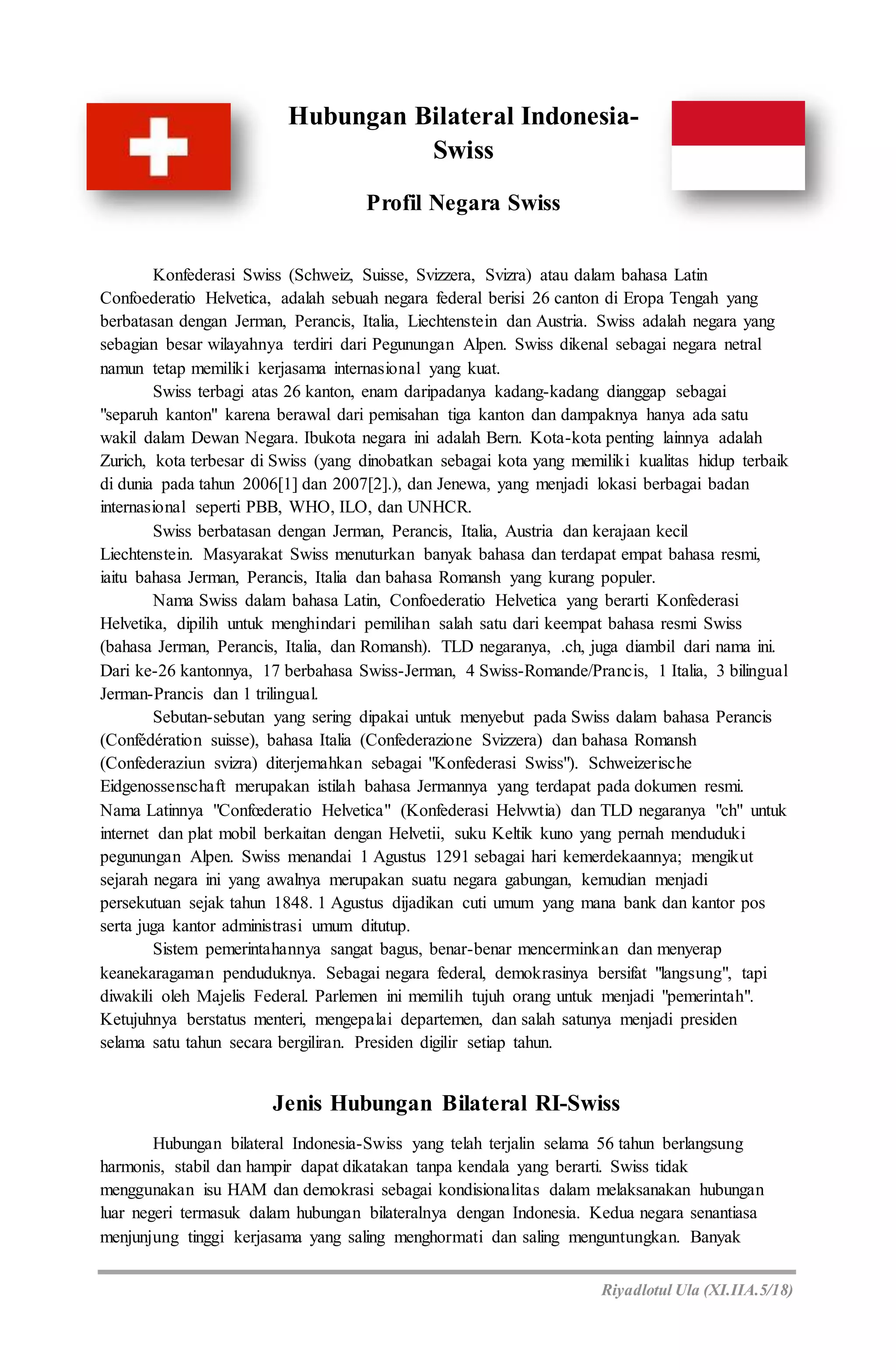 Hubungan bilateral indonesia swiss | PDF