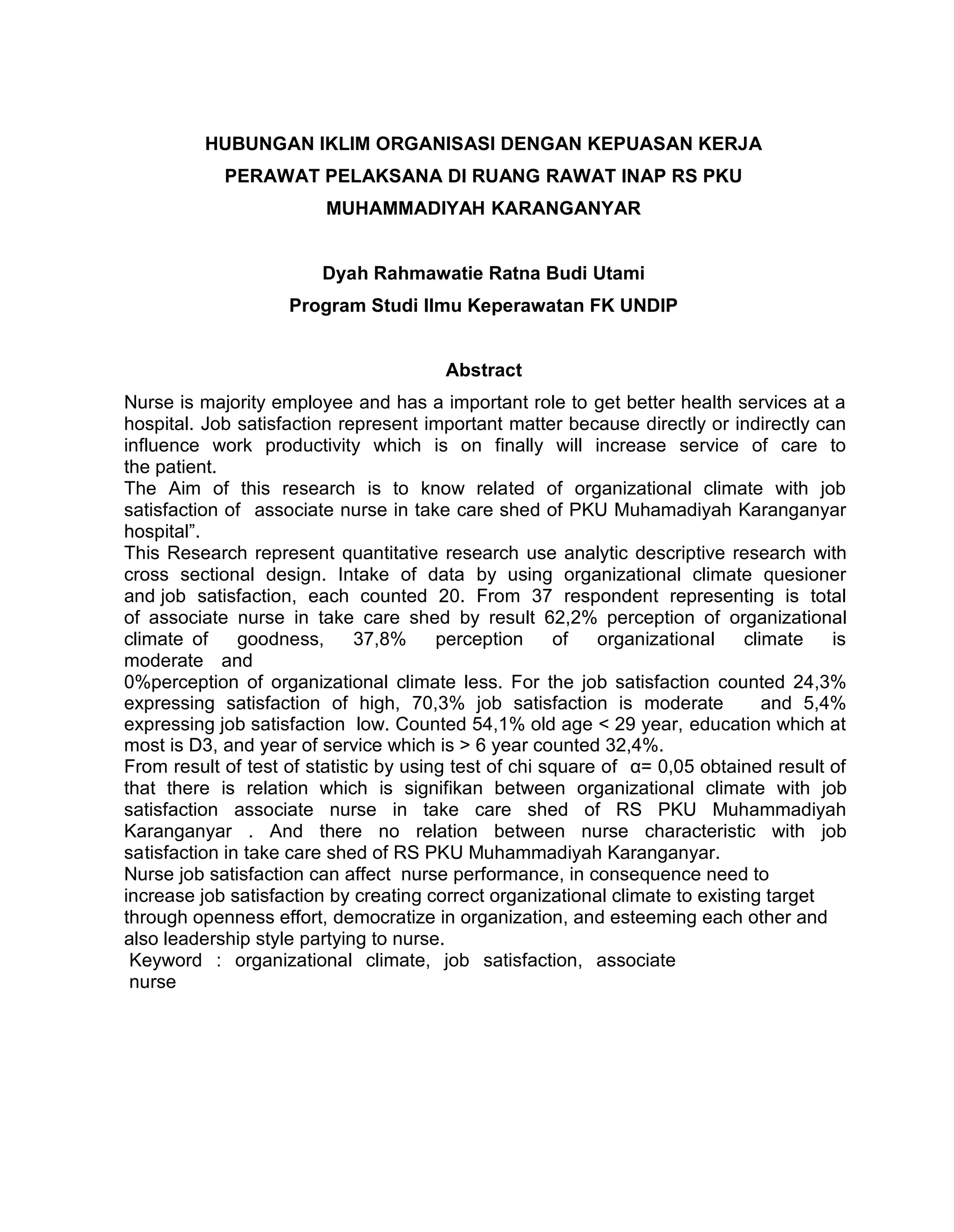 Hubungan iklim organisasi dengan kepuasan kerja perawat pelaksana di ruang rawat inap rs pku ...