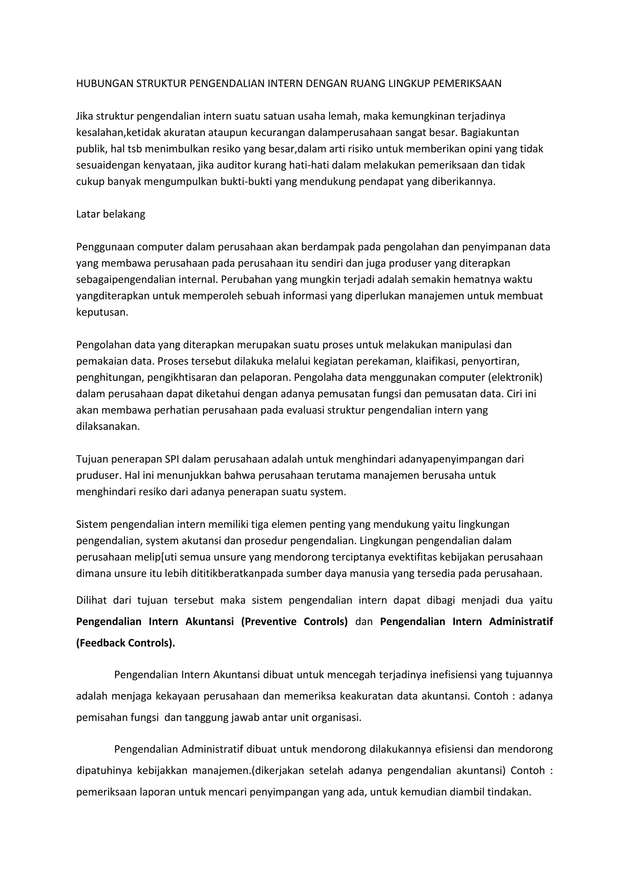 Hubungan struktur pengendalian intern dengan ruang lingkup pemeriksaan | DOCX