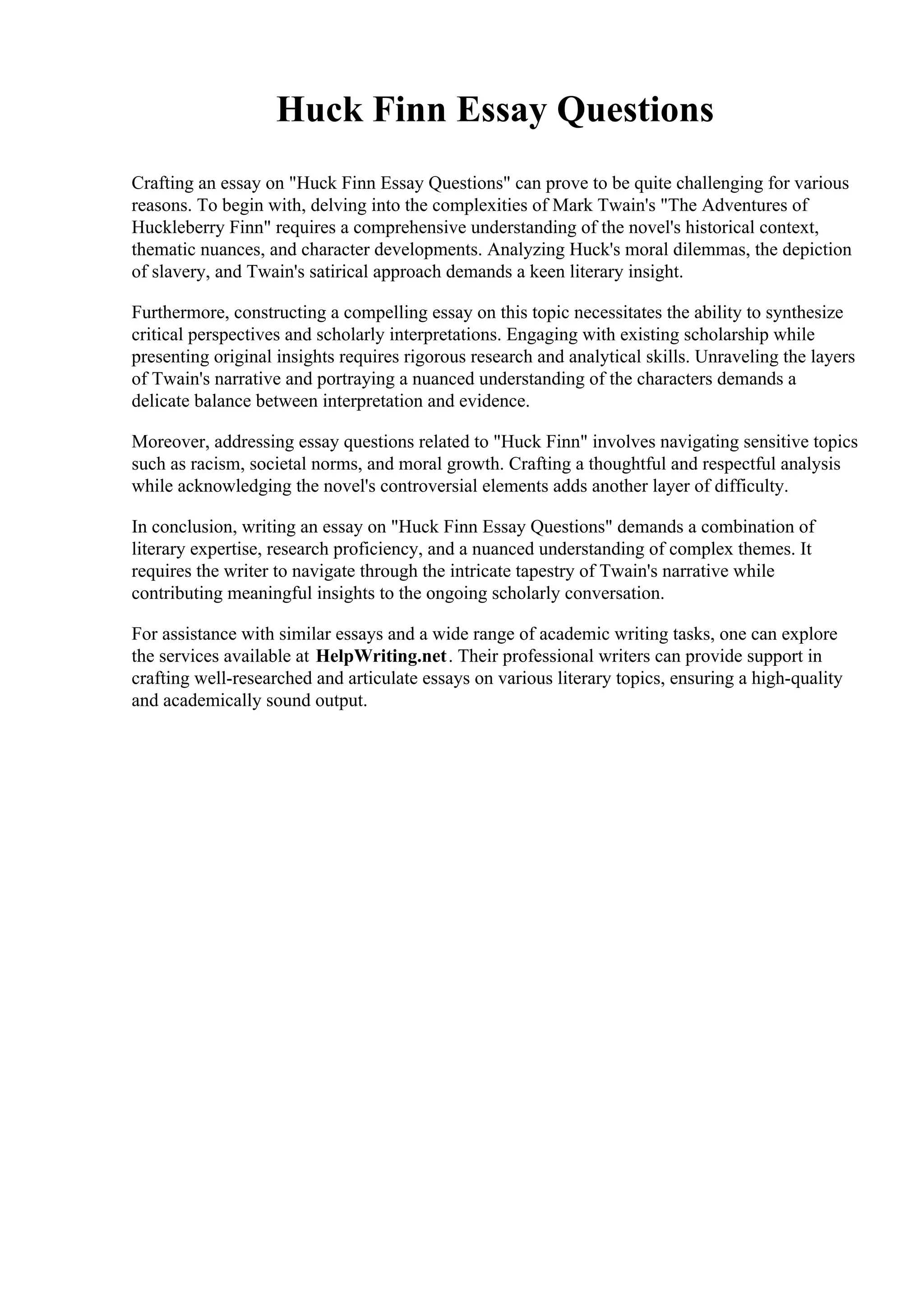 Huck Finn Essay Questions. Hallmark University | PDF | Fiction | Books ...