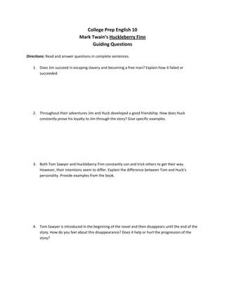 Huck Finn Guiding Ques | DOCX | Fiction | Books and Literature