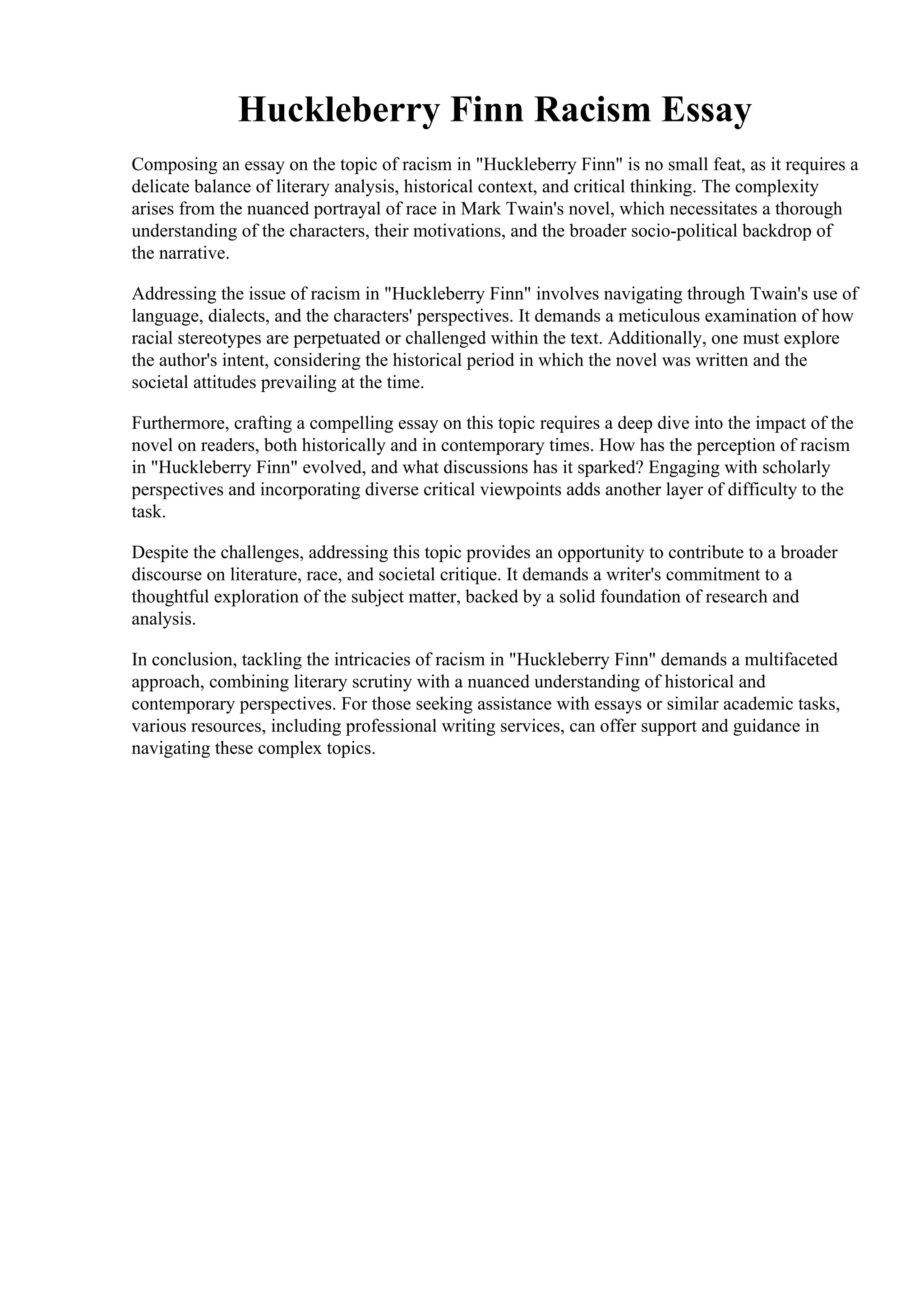 Huckleberry Finn Racism Essay | PDF
