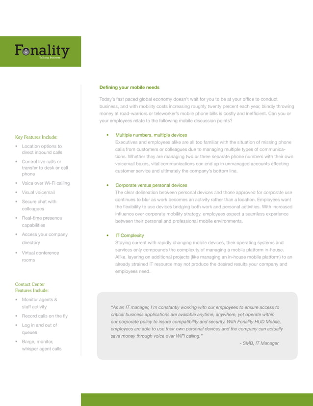 Fonality HUD Mobile Solution Sheet | PDF