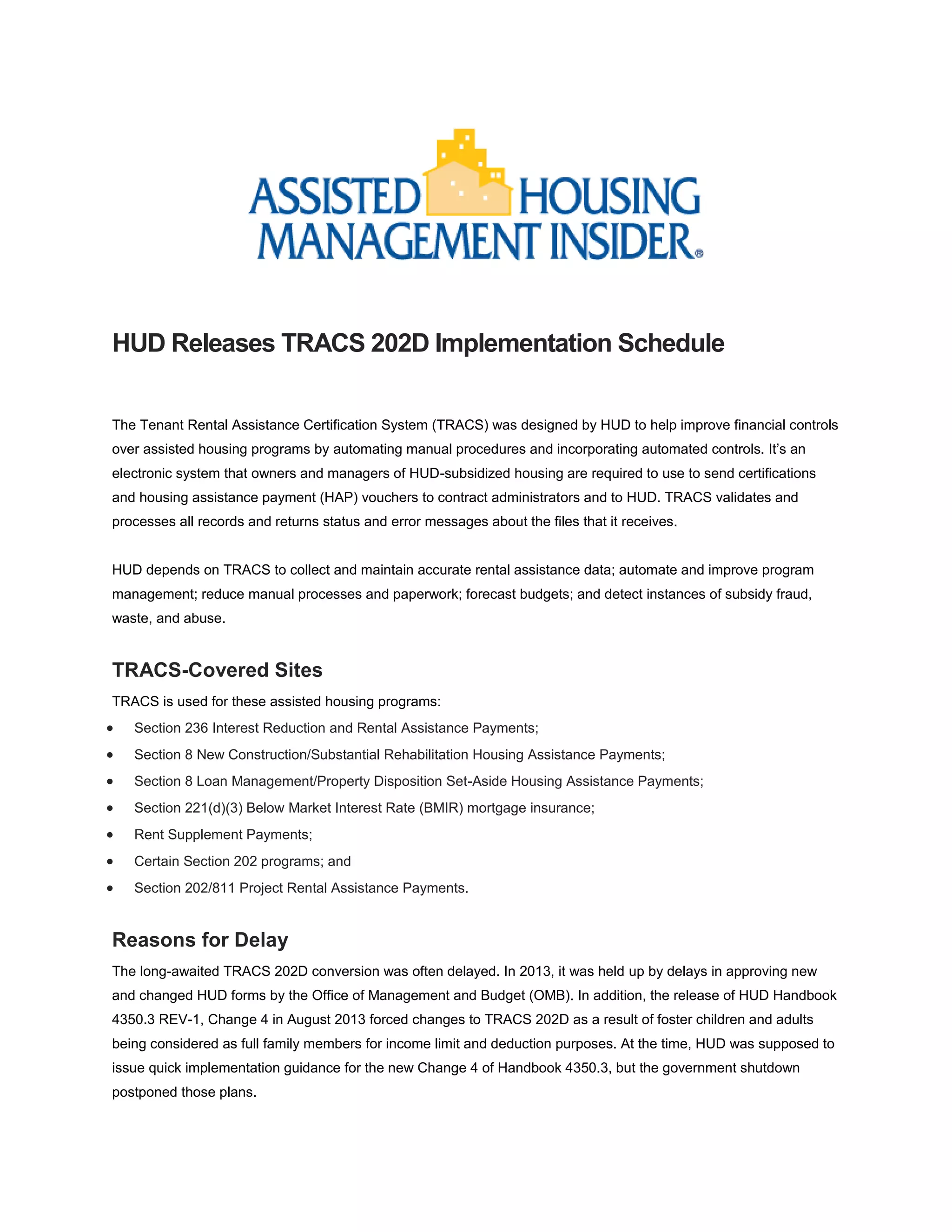 Hud Releases Tracs 202 D Implementation Schedule | PDF