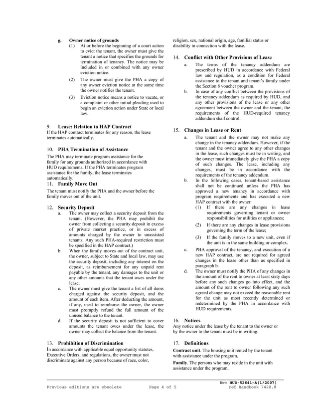 Hud tenancy addendum | PDF | Government Support and Welfare | Financial ...