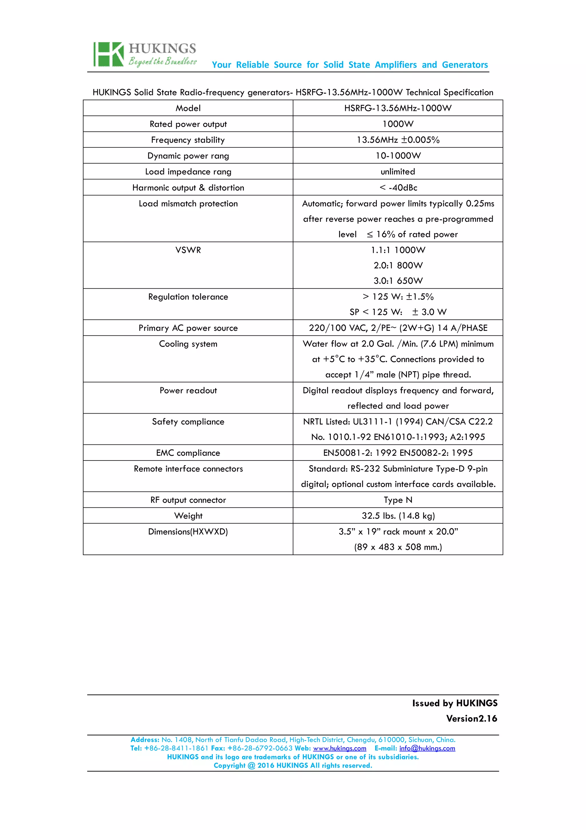 Hukings solid state rf generator data sheet hsrfg-13.56 m-hz-1000w | PDF