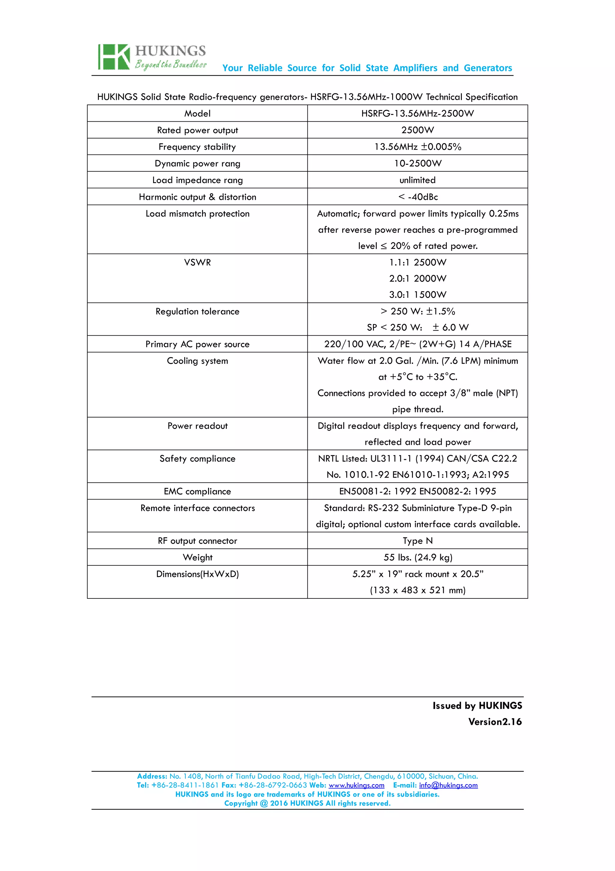 Hukings solid state rf generator data sheet hsrfg-13.56 m-hz-2500w | PDF