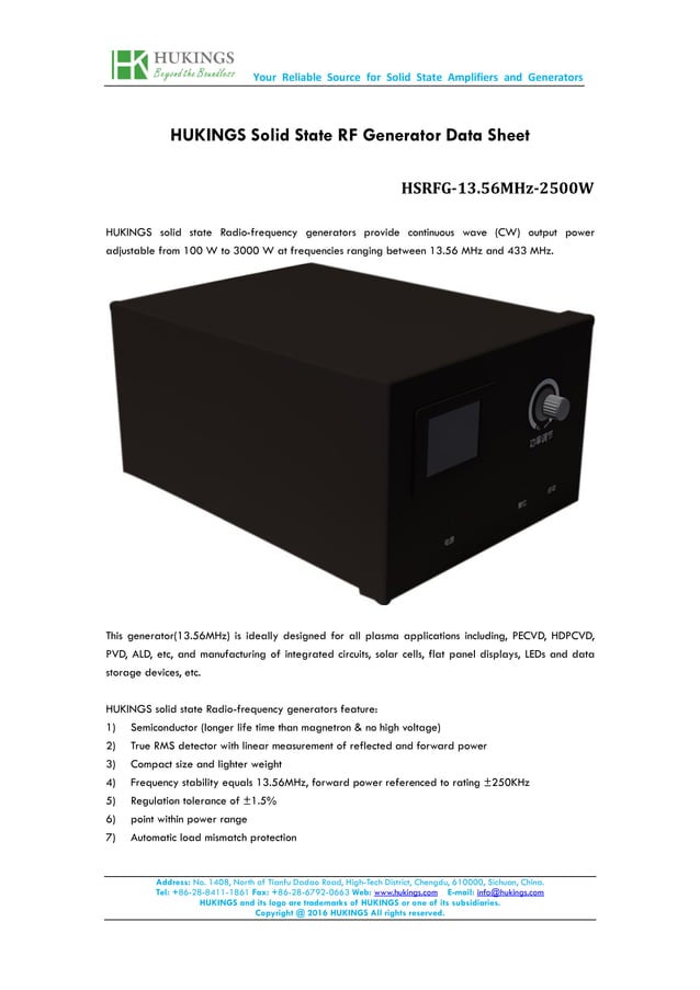 Hukings solid state rf generator data sheet hsrfg-13.56 m-hz-2500w | PDF