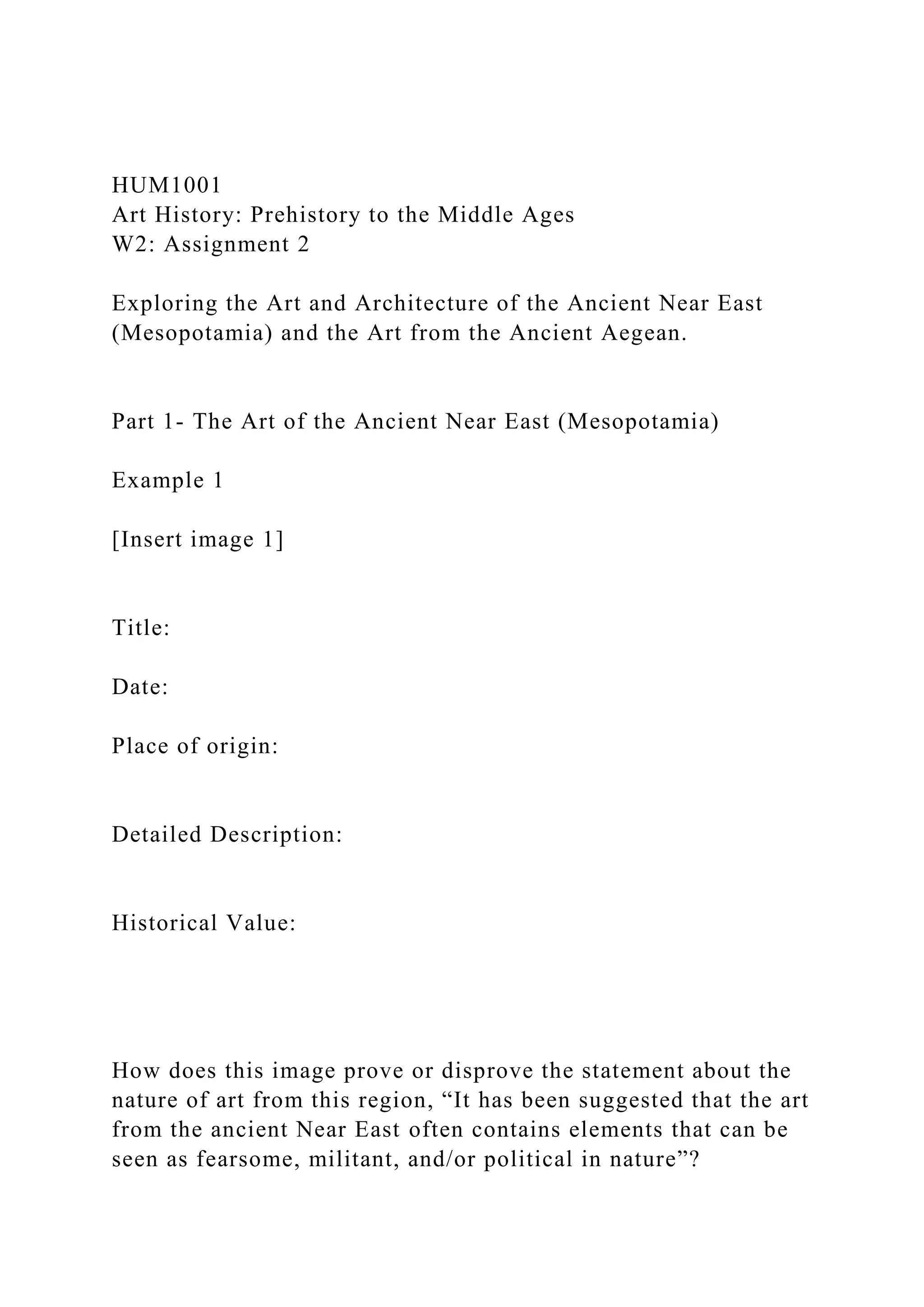 HUM1001Art History Prehistory to the Middle AgesW2 Assignmen.docx