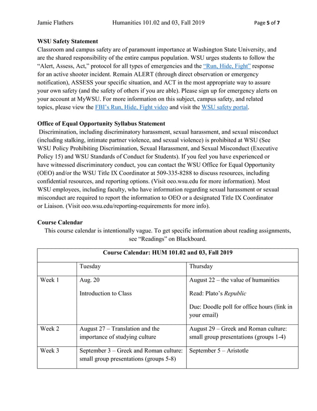 Hum 101 syllabus section 2 and 3 final fall2019 | PDF