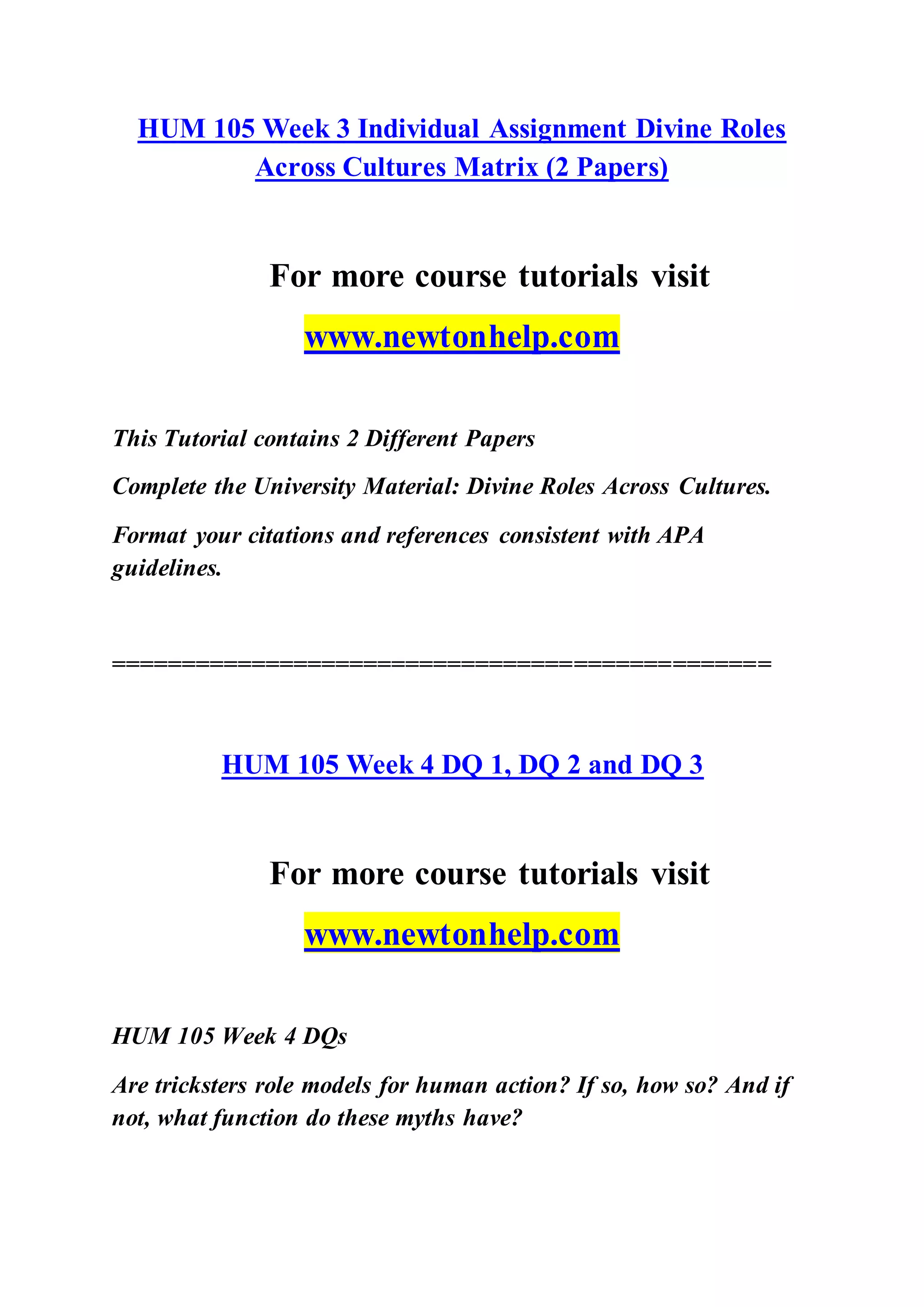 HUM 105 Learn/newtonhelp.com