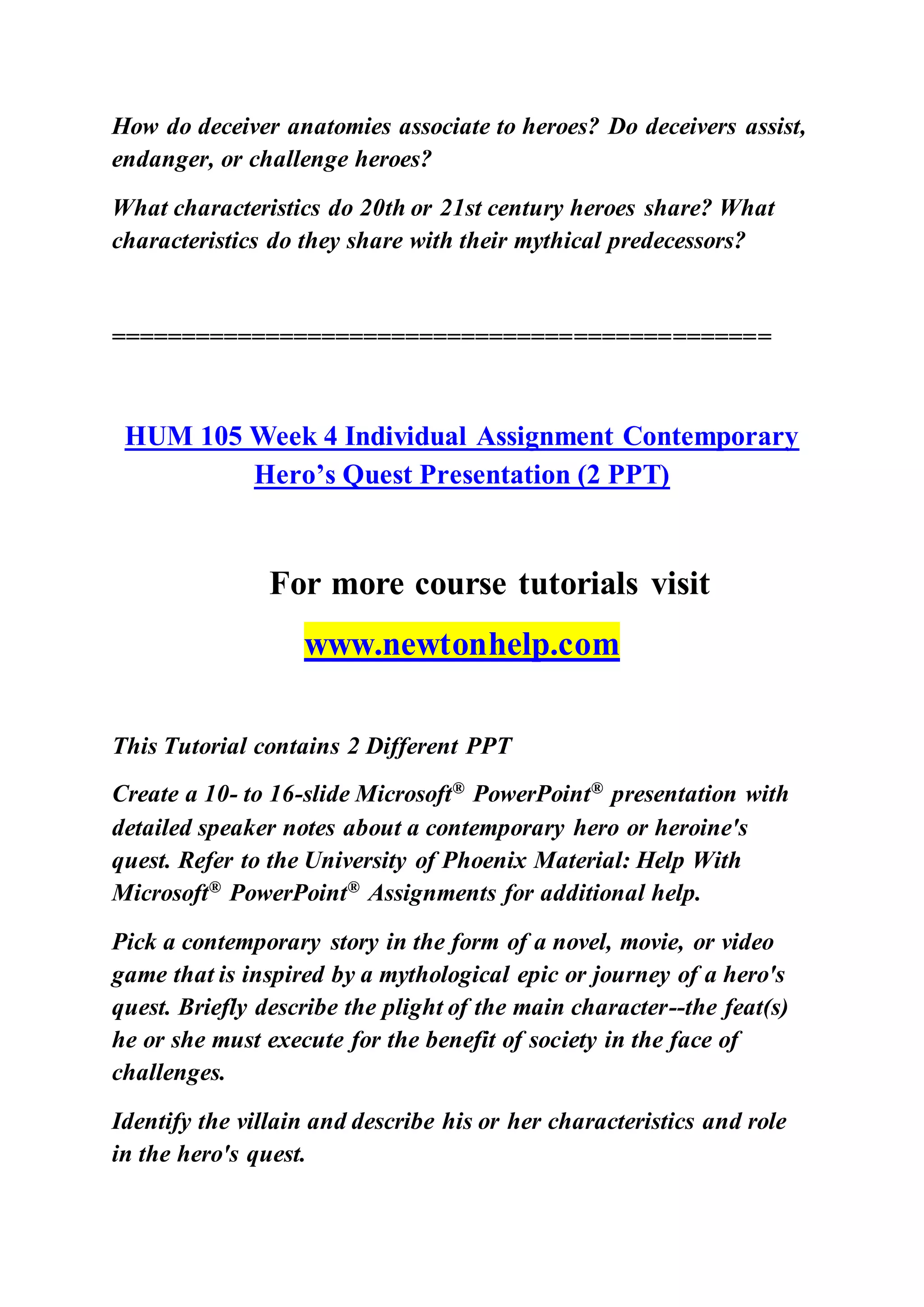 HUM 105 Learn/newtonhelp.com