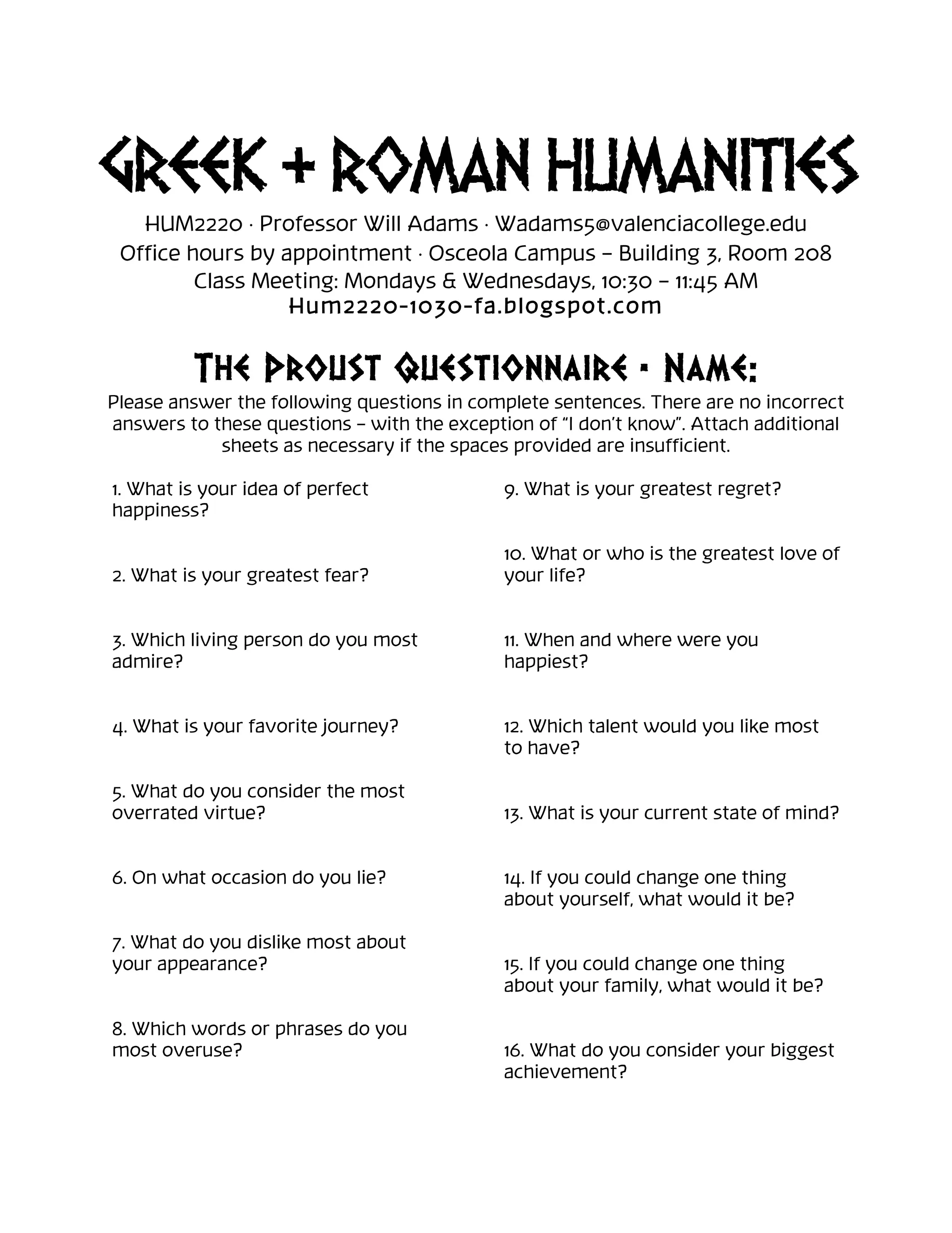 HUM2220 Proust Questionnaire | PDF