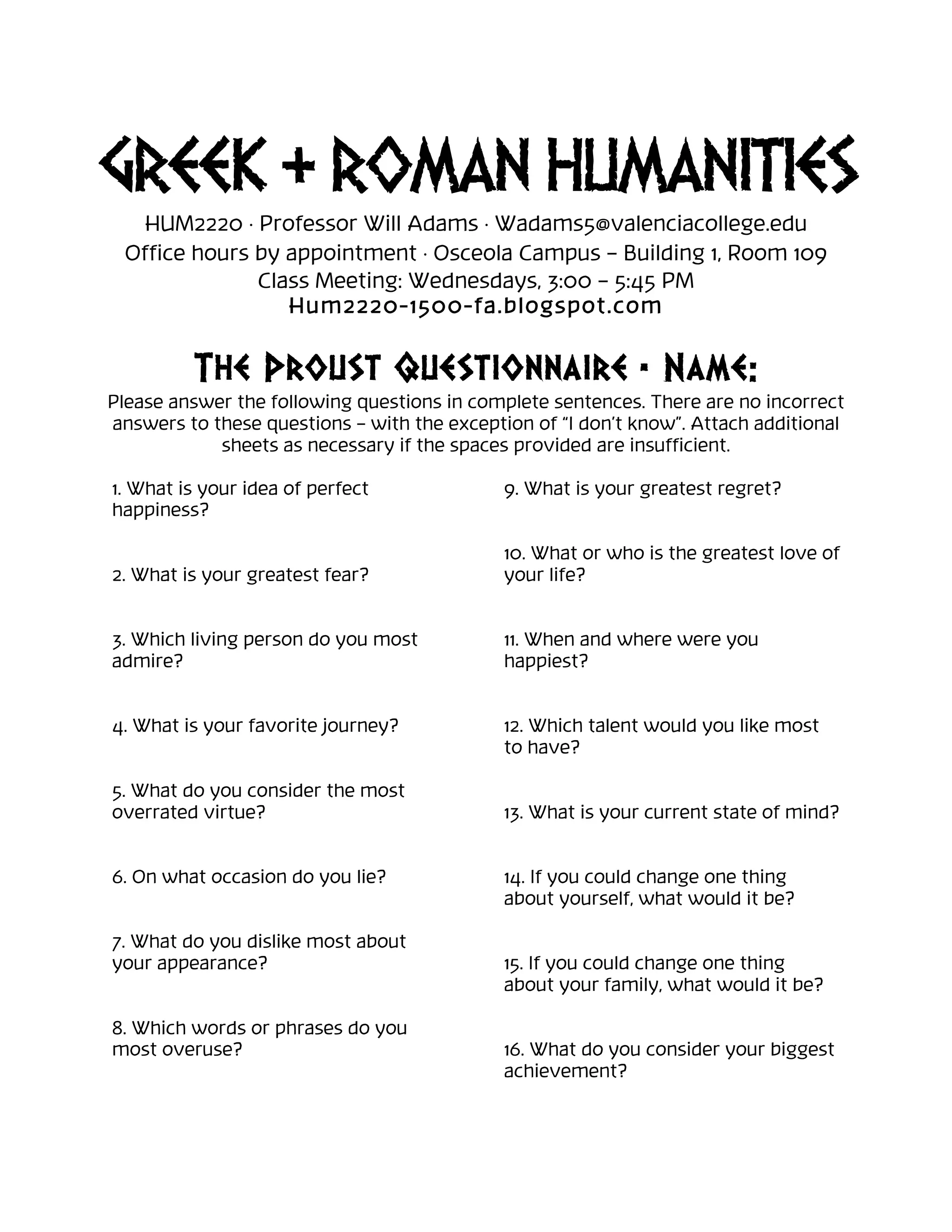 HUM2220 Proust Questionnaire | PDF