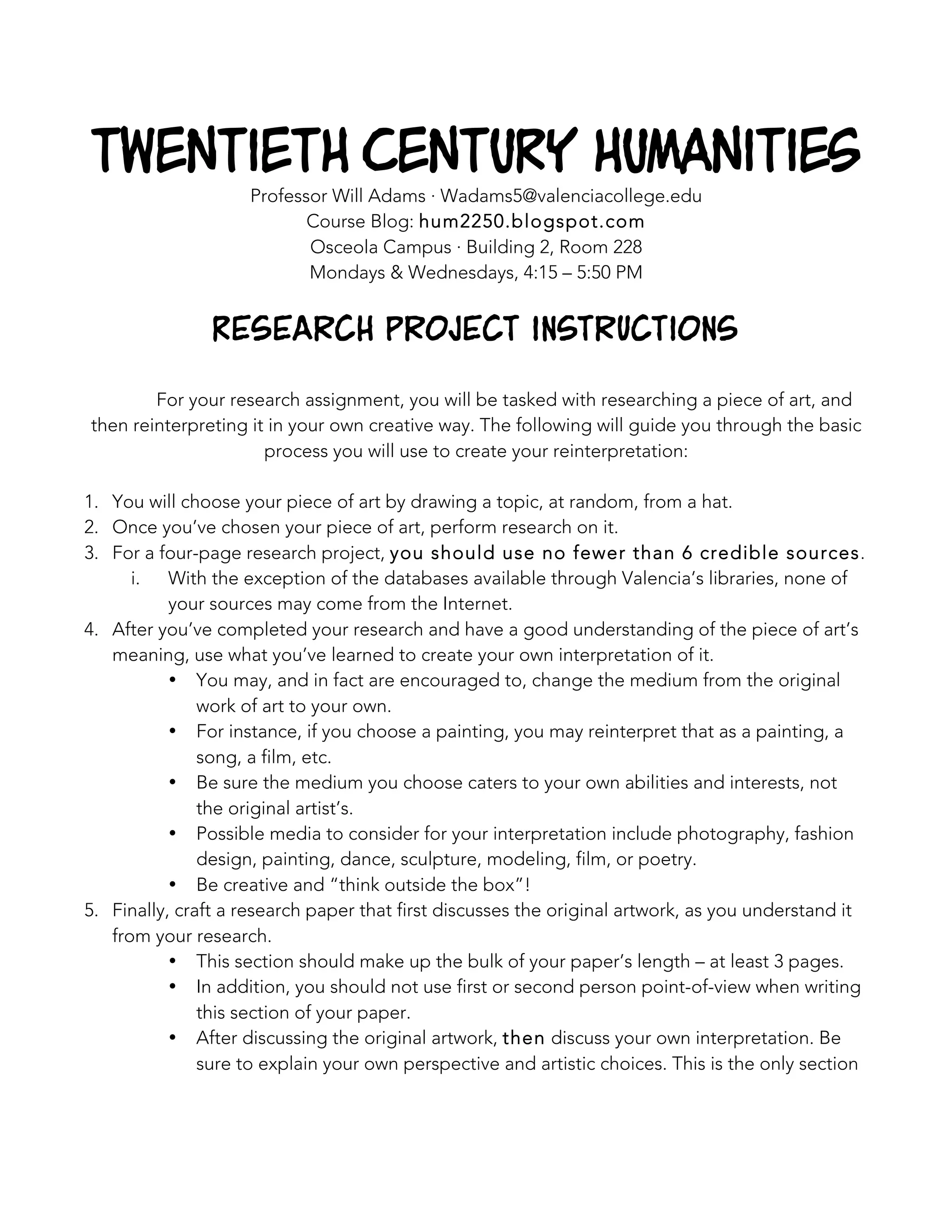 Hum2250 sm2016 research project description | PDF