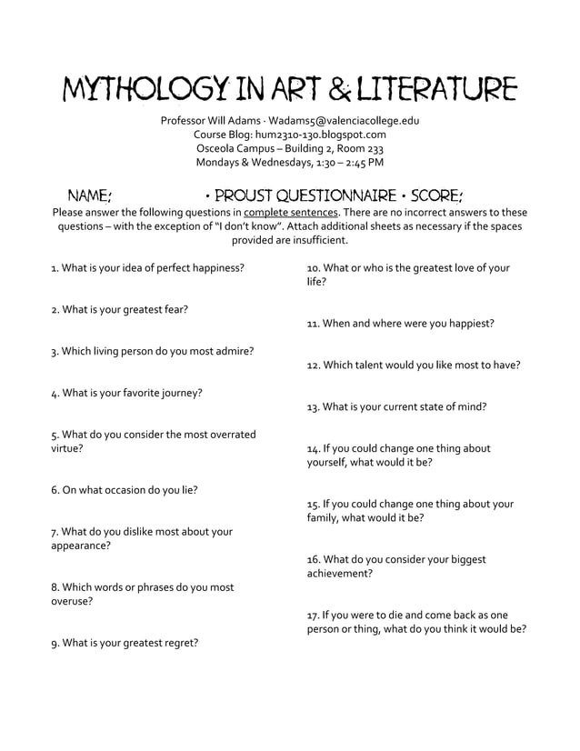 Hum2310 fa2014 proust questionnaire | PDF