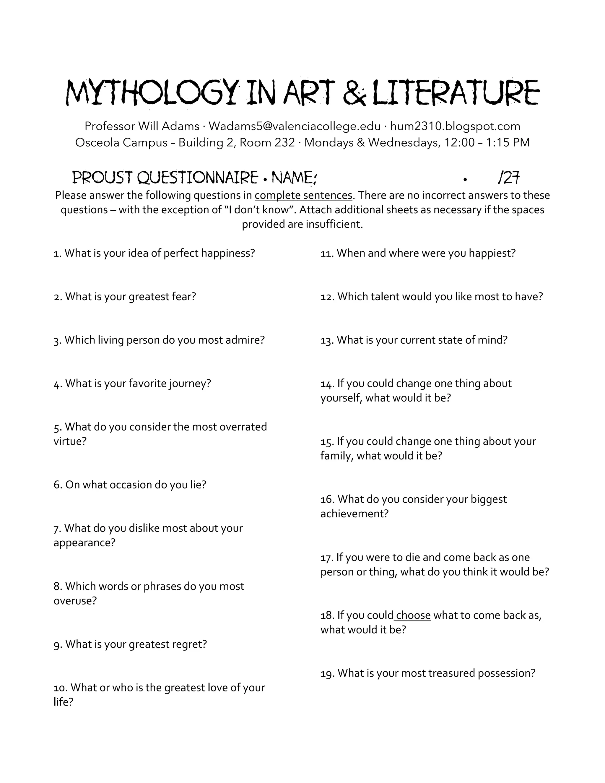 Hum2310 sp2015 proust questionnaire | PDF