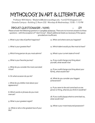 Hum2310 sp2015 proust questionnaire | PDF