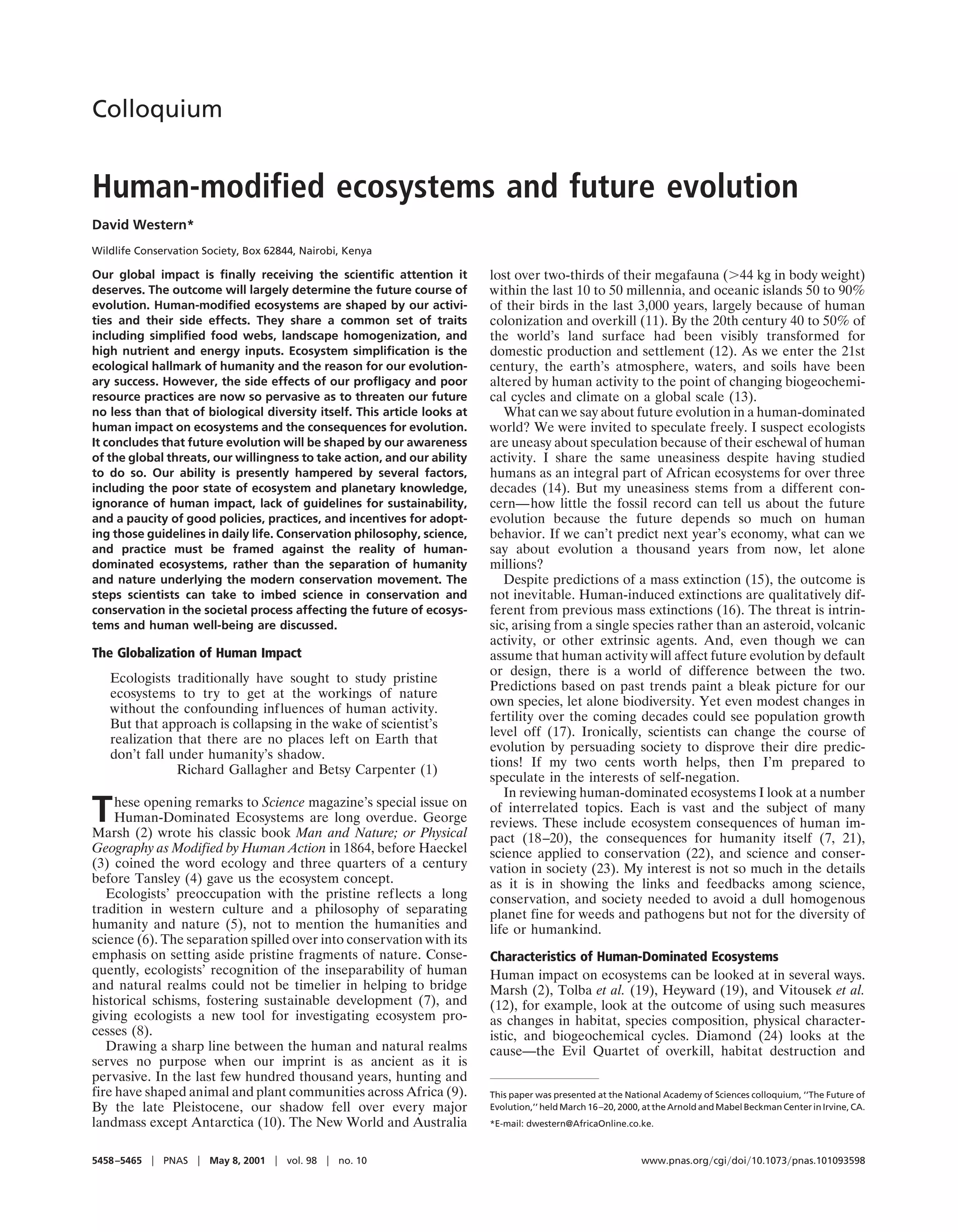 Human modified ecosystems and future evolution | PDF