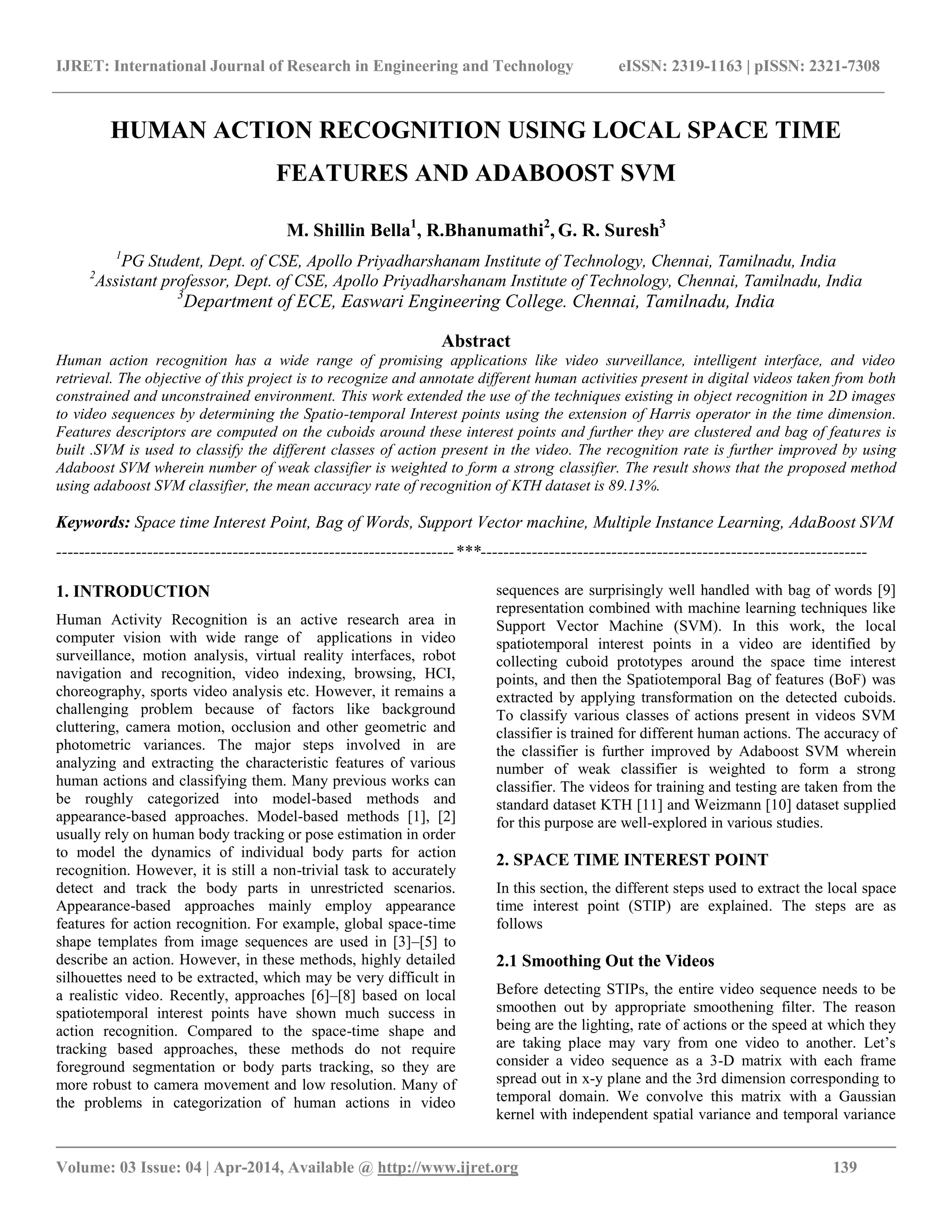 Human Action Recognition Using Local Space Time Features And Adaboost Svm Pdf