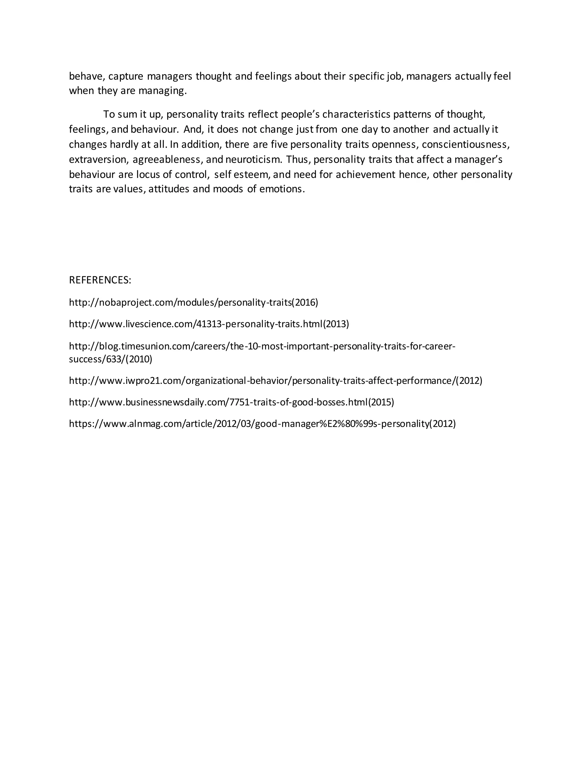 describe the various personality traits that affect managers think ...