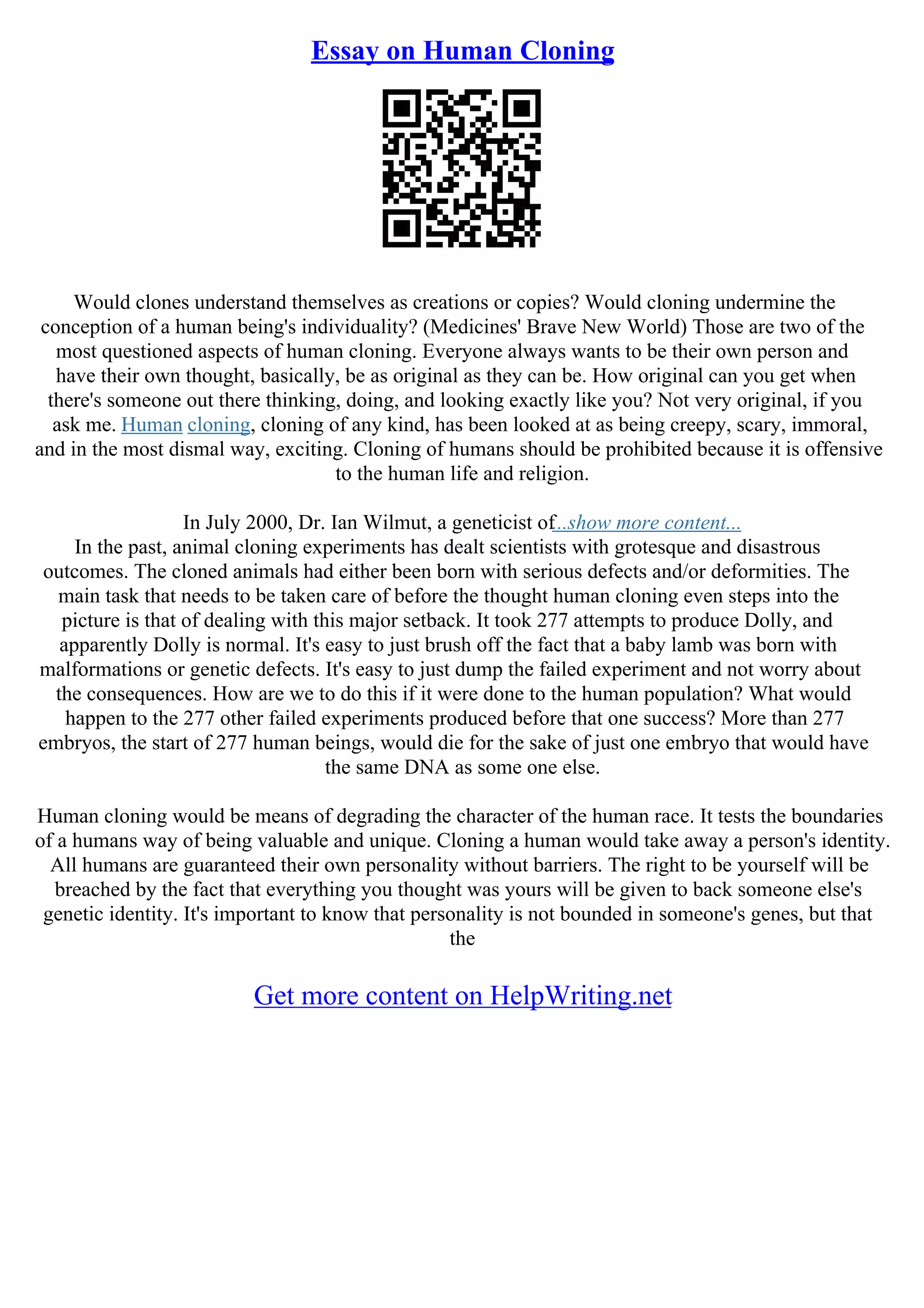 Human Cloning Essays | PDF