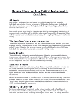 Human Education Is A Critical Instrument In Our Lives. | PDF
