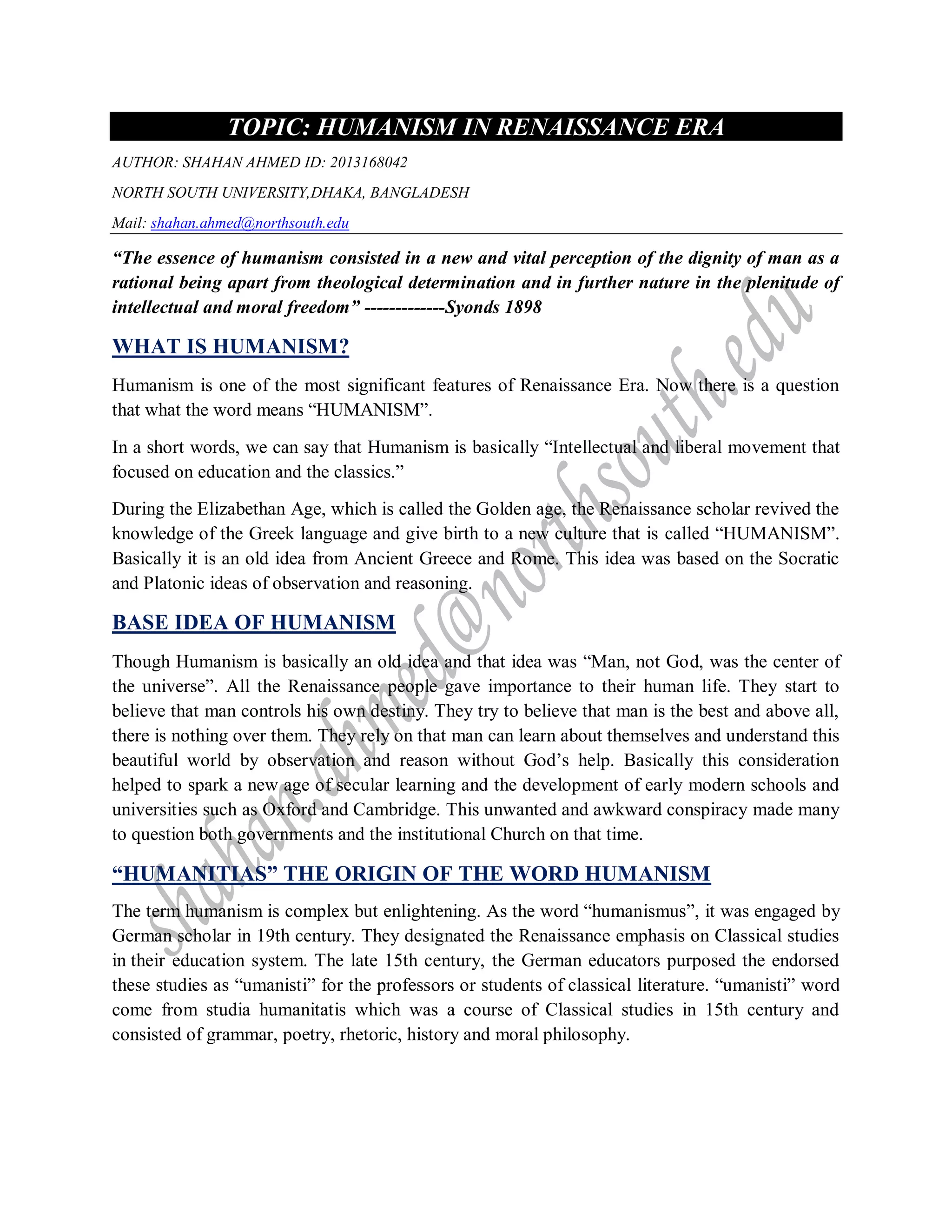 Humanism in renaissance era | PDF