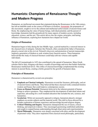 Humanists: Champions of Renaissance Thought and Modern Progress | PDF