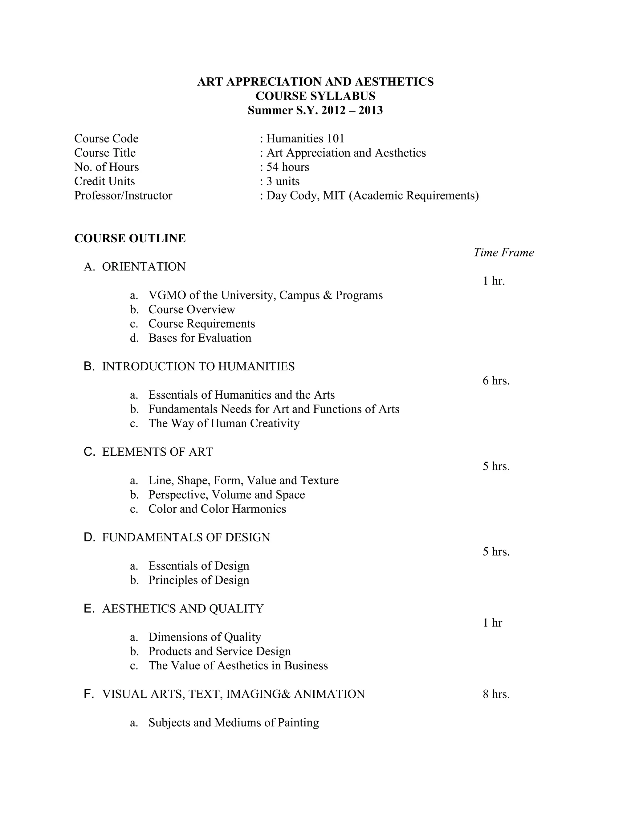 Arts Appreciation and Aesthetics (Humanities) | DOCX