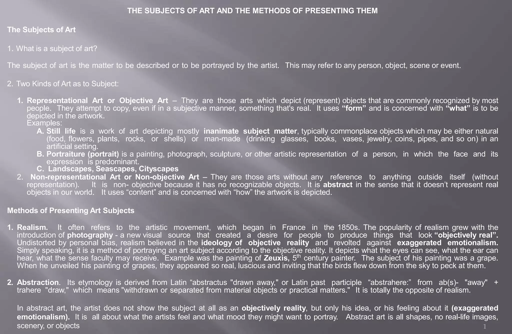 SUBJECTS OF ART AND THE METHODS OF PRESENTING | PPTX