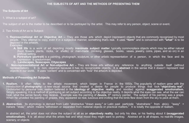 SUBJECTS OF ART AND THE METHODS OF PRESENTING | PPTX | Arts and Crafts ...
