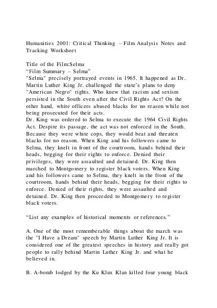 Humanities 2001 Critical Thinking – Film Analysis Notes and Track | DOCX