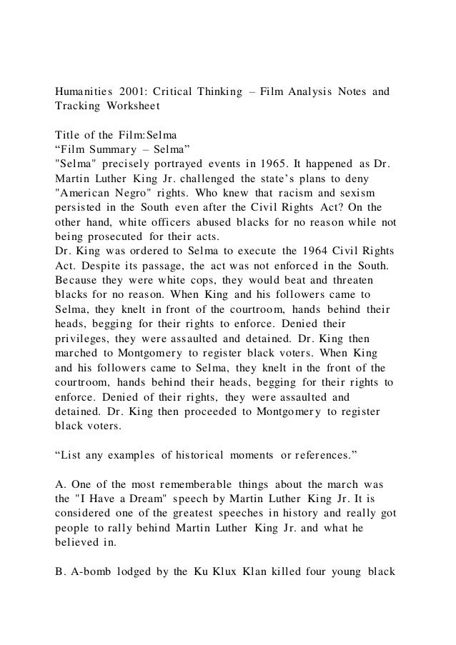 Humanities 2001 Critical Thinking – Film Analysis Notes and Track | DOCX