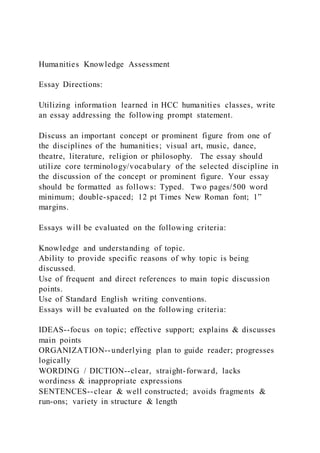 Humanities Knowledge AssessmentEssay DirectionsUtilizing | PDF