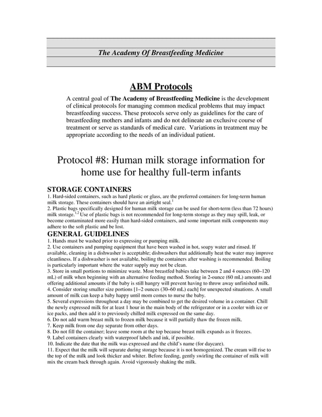 Human Milk Storage Information For Home Use For Healthy Full Term ...