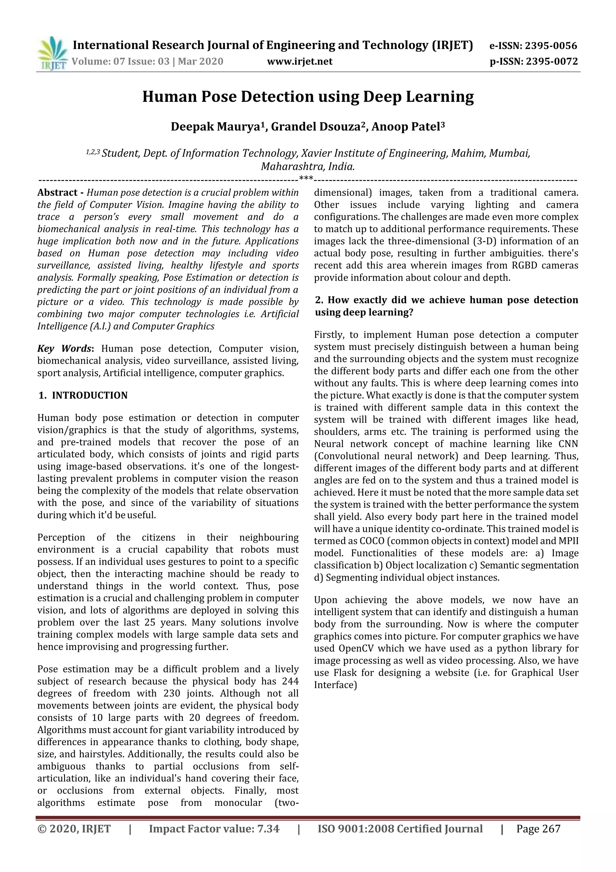 Human pose detection using machine learning by Grandel | PDF