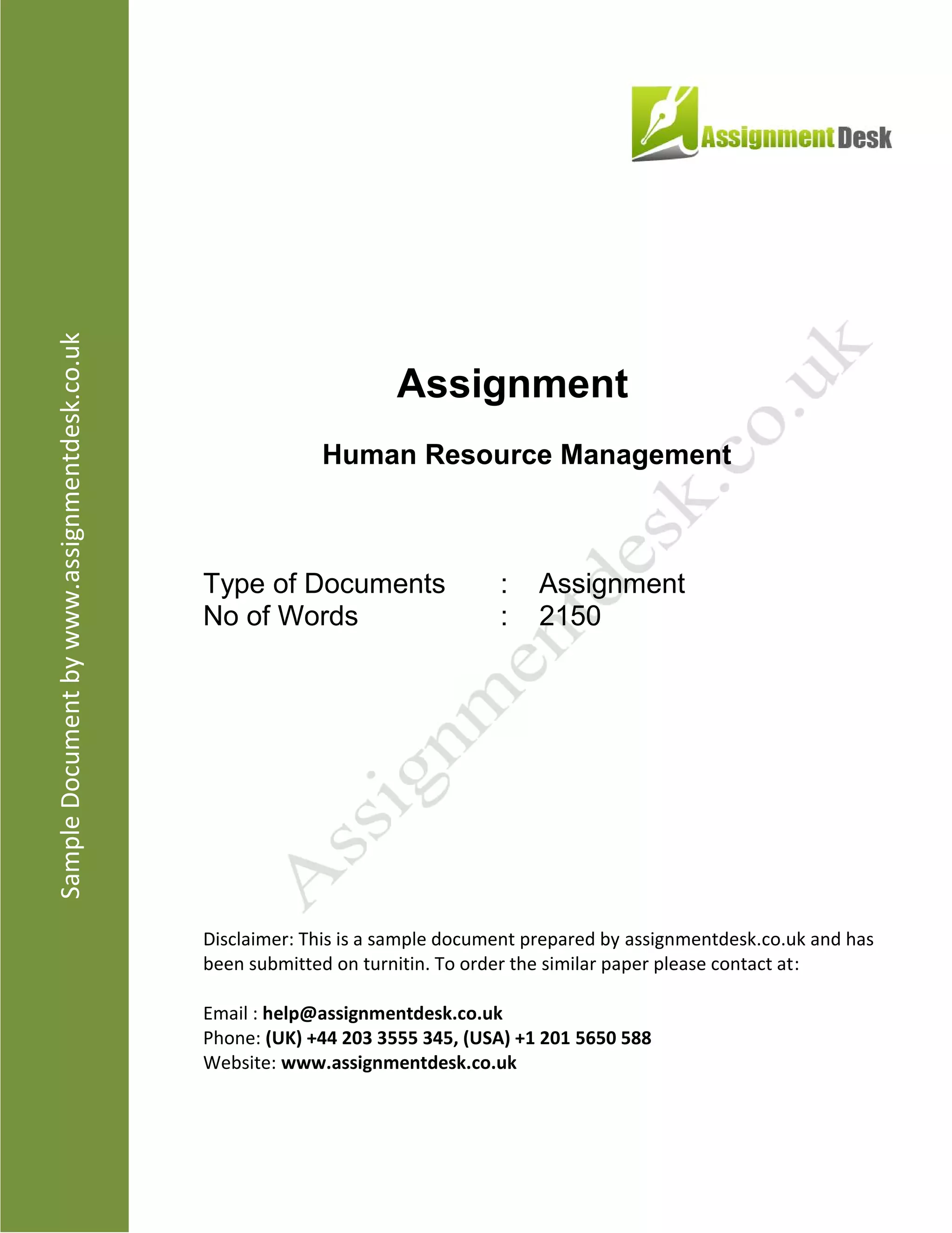 Human Resource Management Assignment Sample | PDF