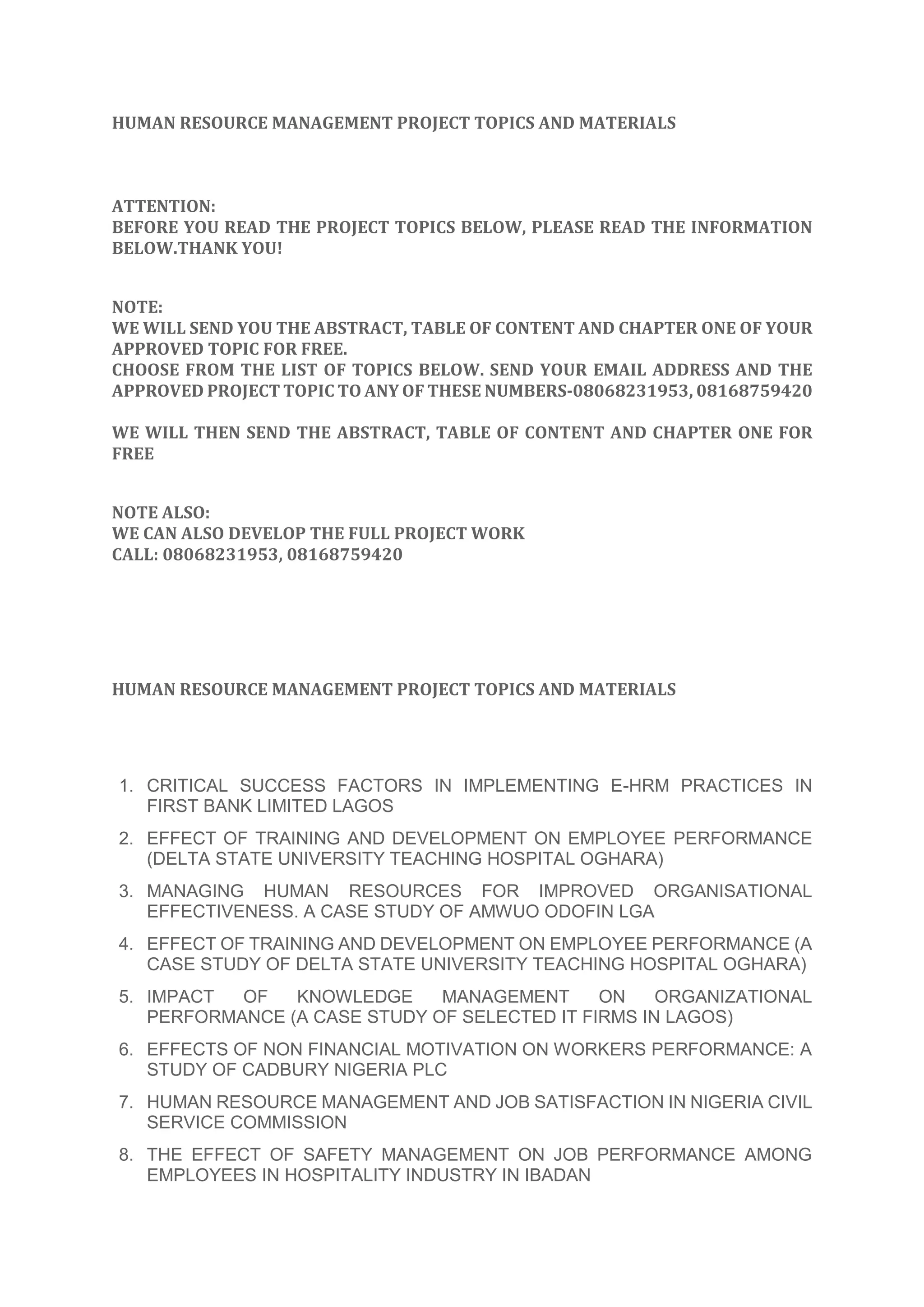 HUMAN RESOURCE MANAGEMENT PROJECT TOPICS AND MATERIALS.docx