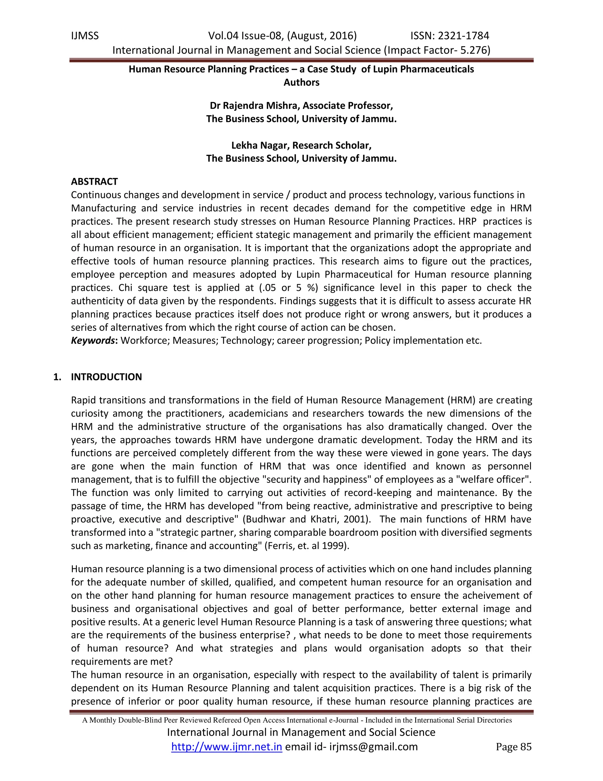 Human Resource Planning Practices A Case Study Of Lupin Pharmaceuticals | PDF