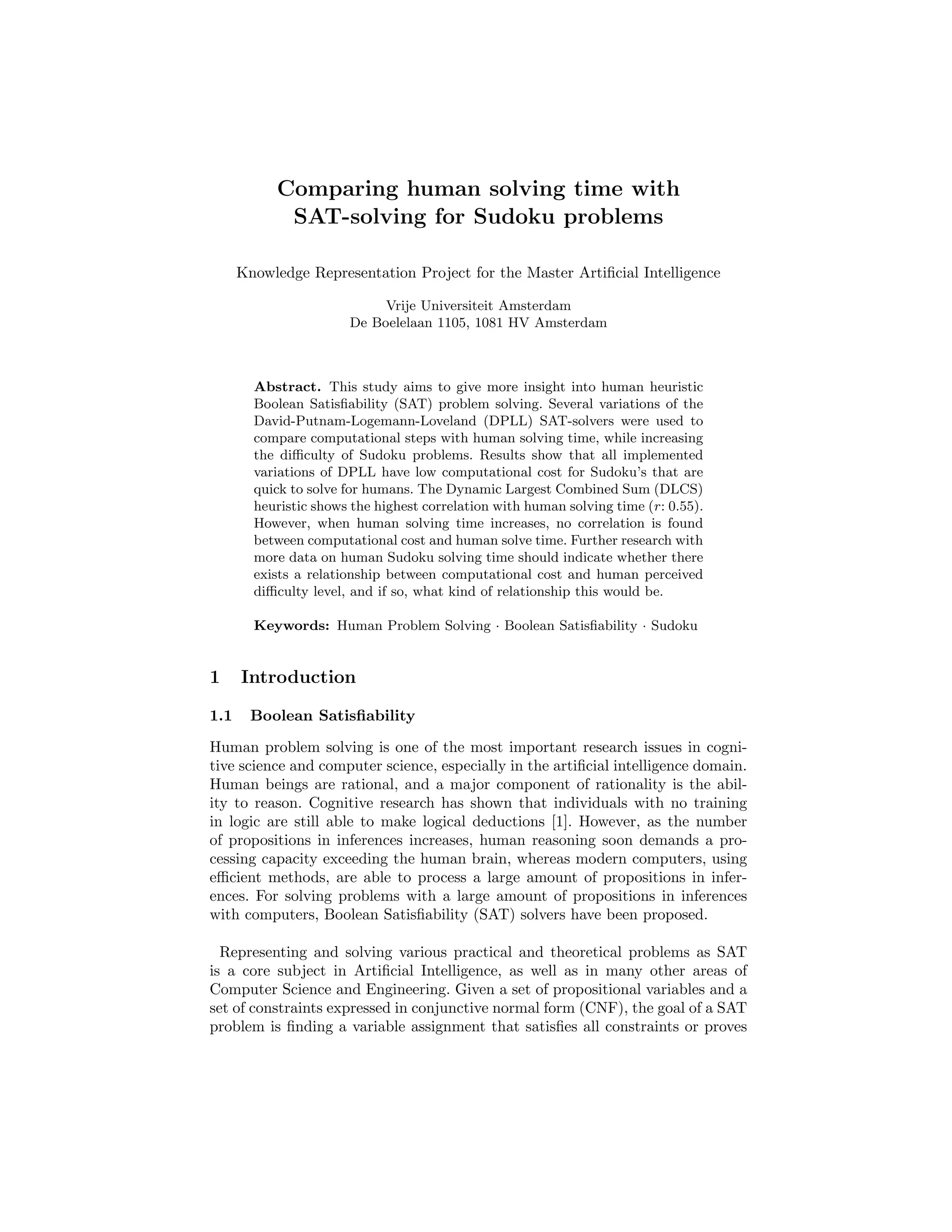 Comparing human solving time with SAT-solving for Sudoku problems | PDF